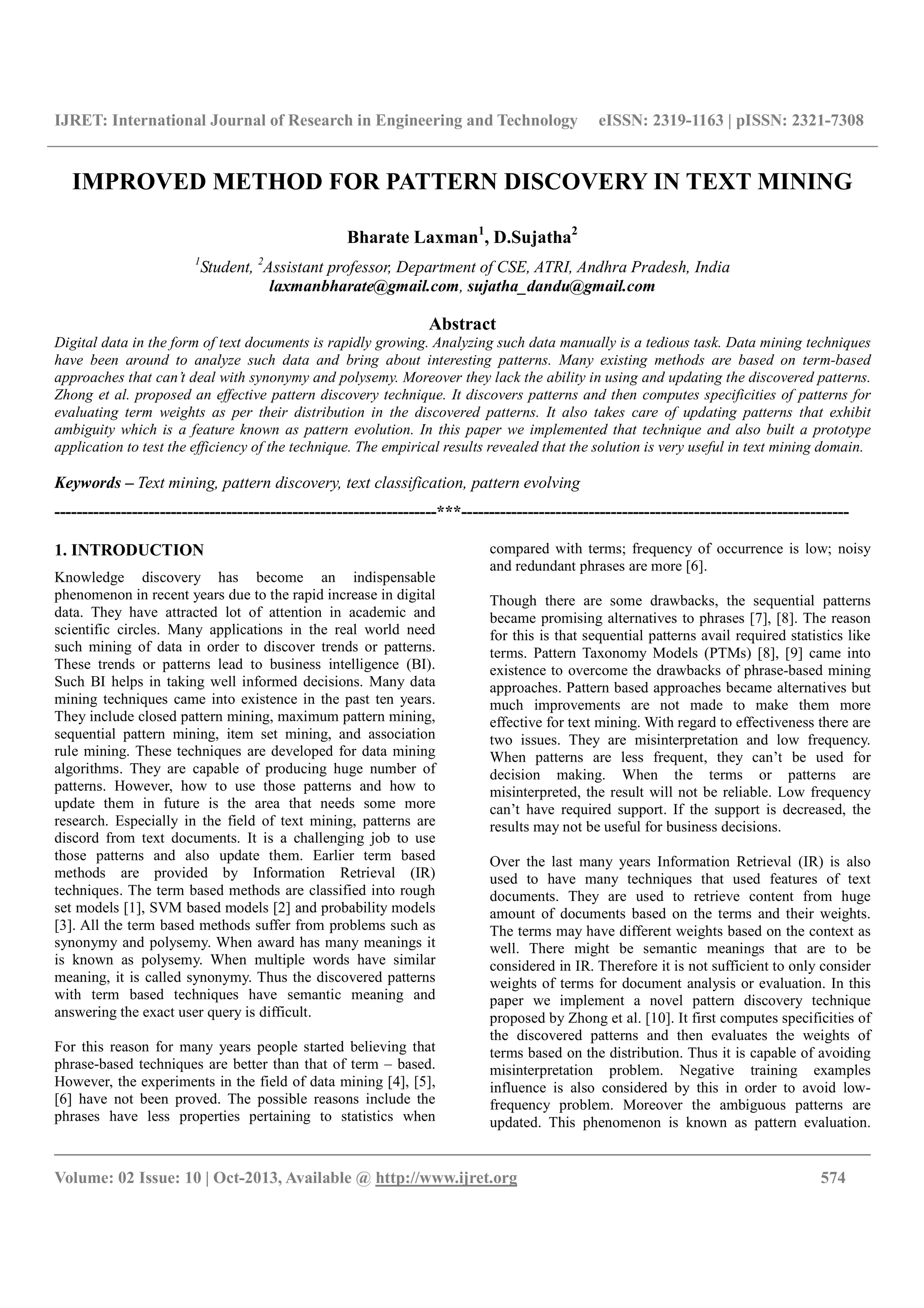 Improved method for pattern discovery in text mining | PDF | Computing | Technology & Computing