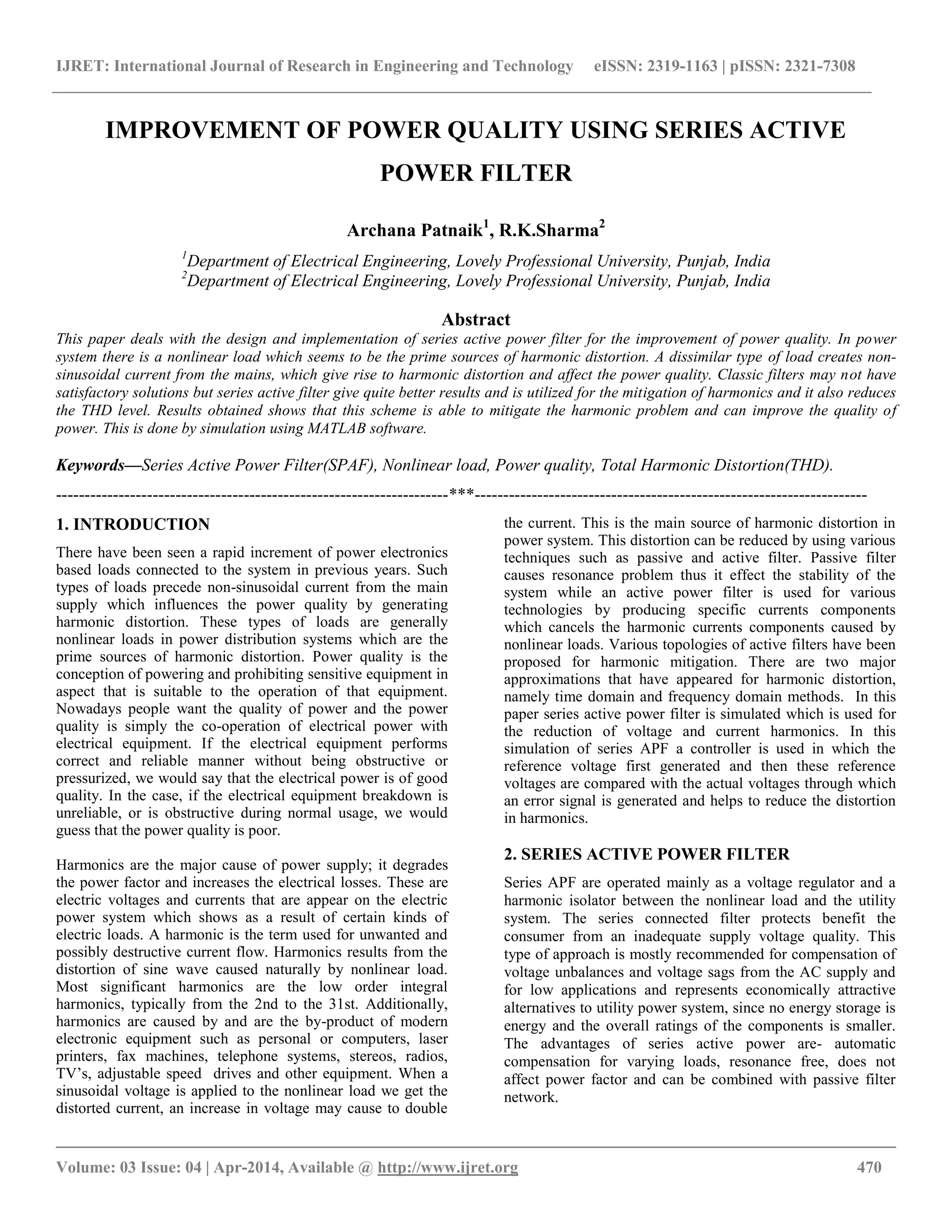 Improvement of power quality using series active power filter | PDF