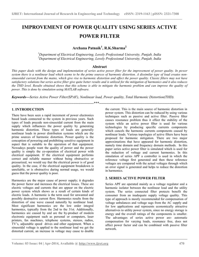 Improvement of power quality using series active power filter | PDF