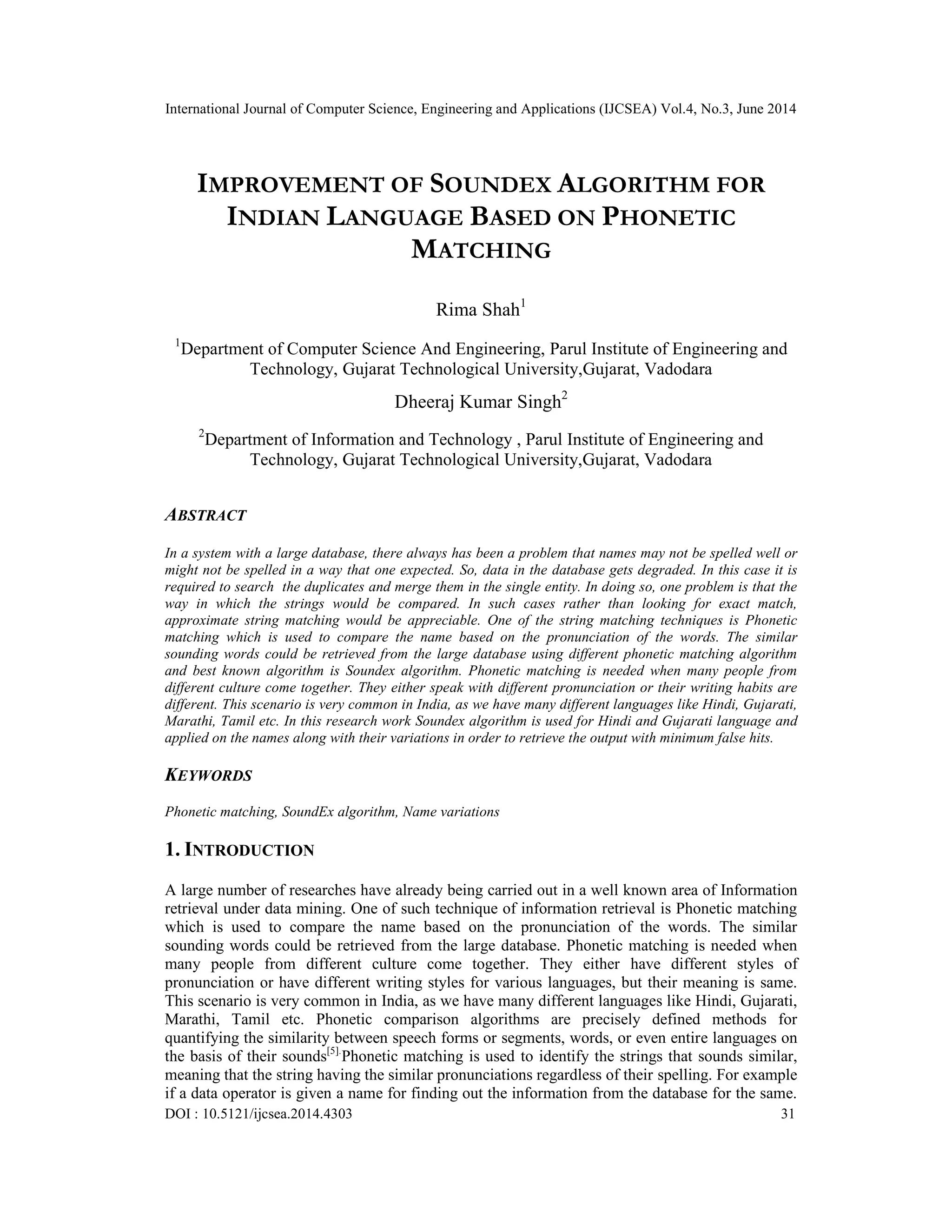 Improvement of Soundex Algorithm for Indian Language Based on Phonetic Matching | PDF