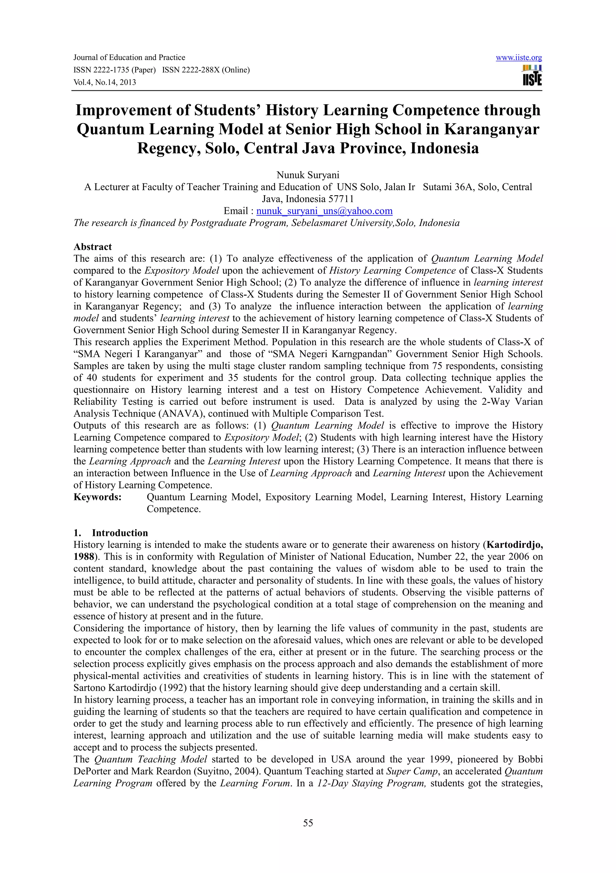 Improvement of students’ history learning competence through quantum learning model at senior ...