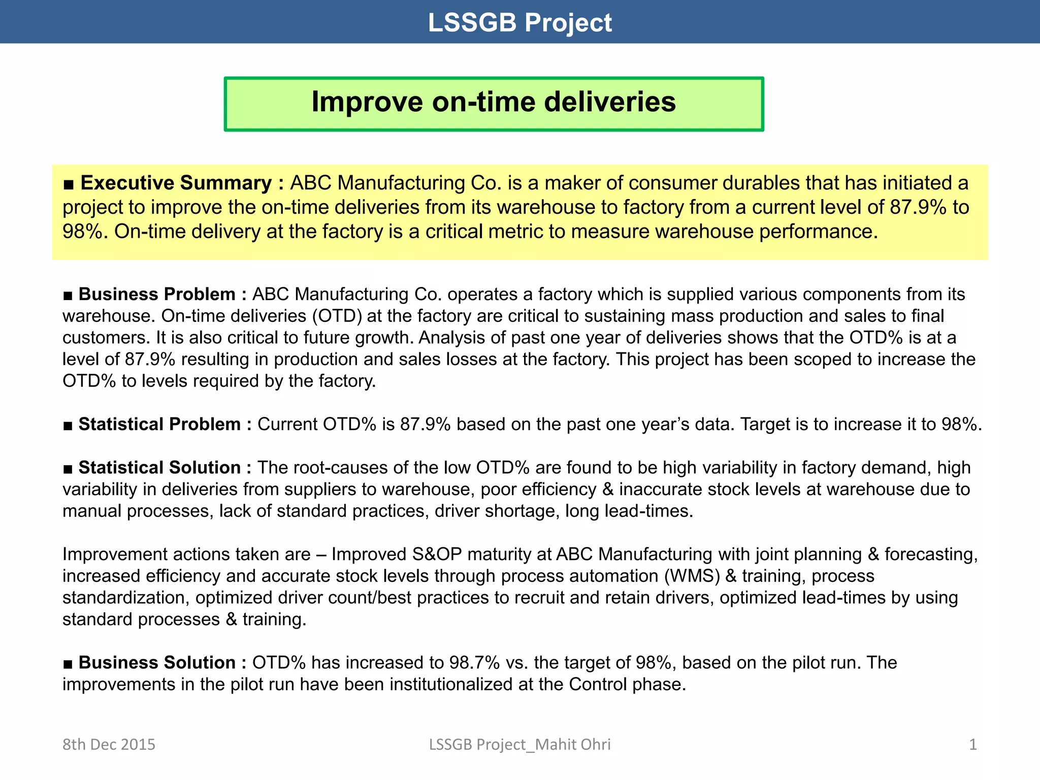 Improve On-time deliveries_ Lean Six Sigma Green Belt Project | PPTX