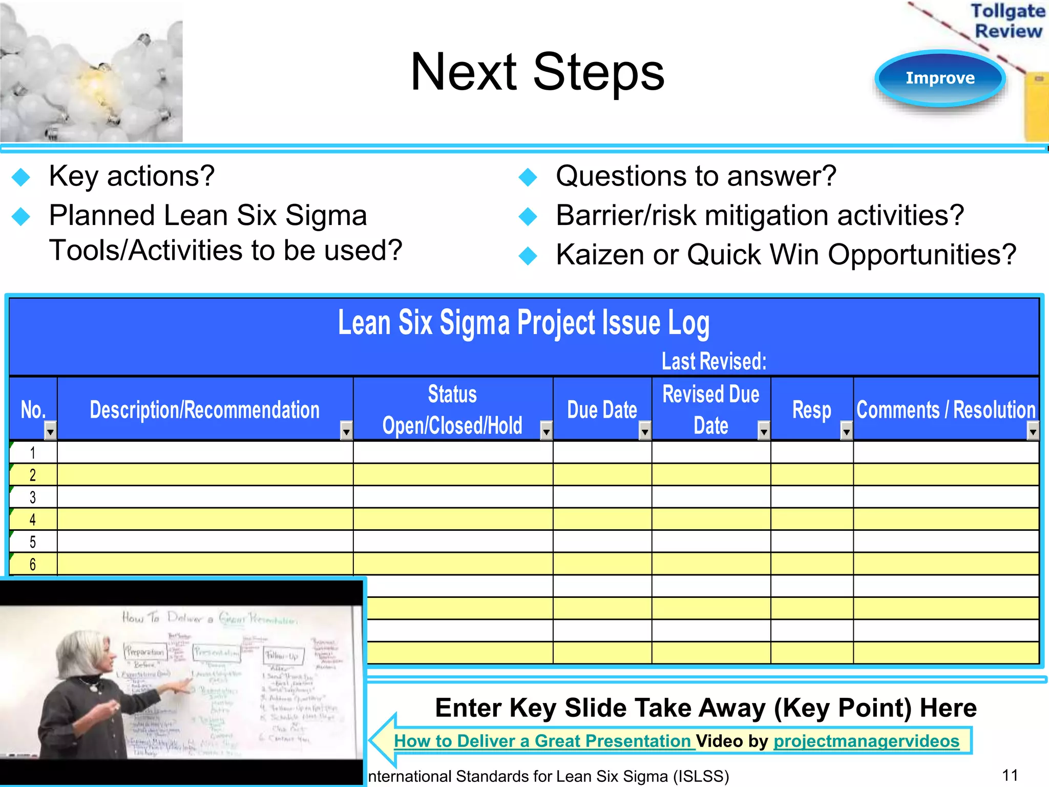 Improve phase lean six sigma tollgate template | PPTX