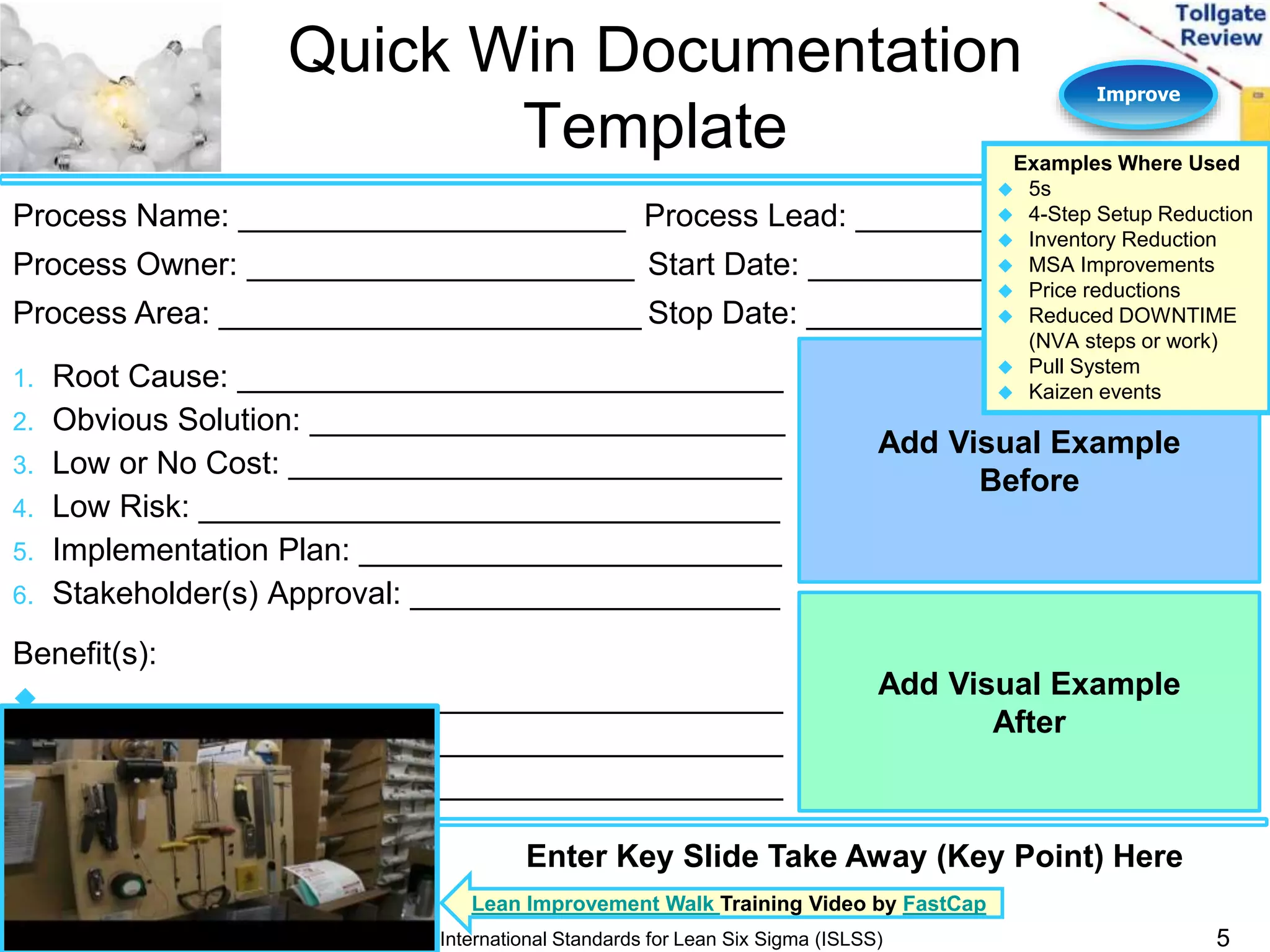 Improve phase lean six sigma tollgate template | PPTX
