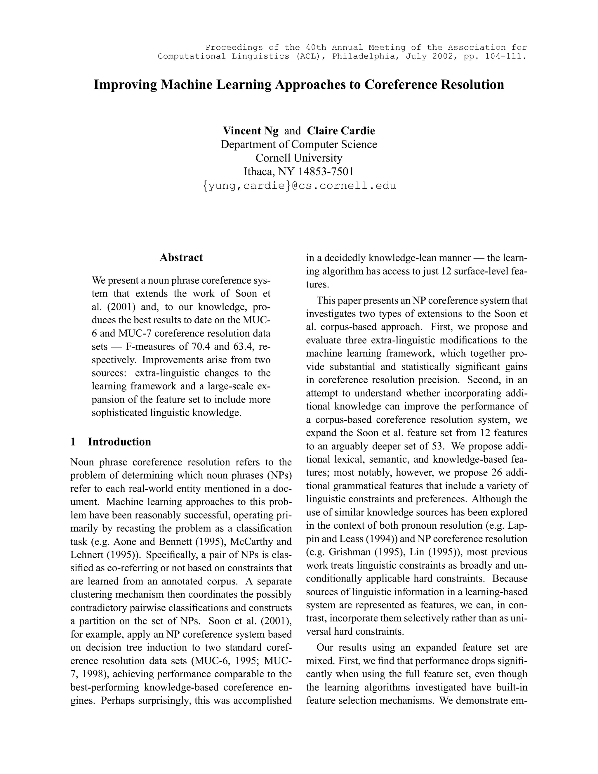 Improving Machine Learning Approaches to Coreference Resolution | PDF