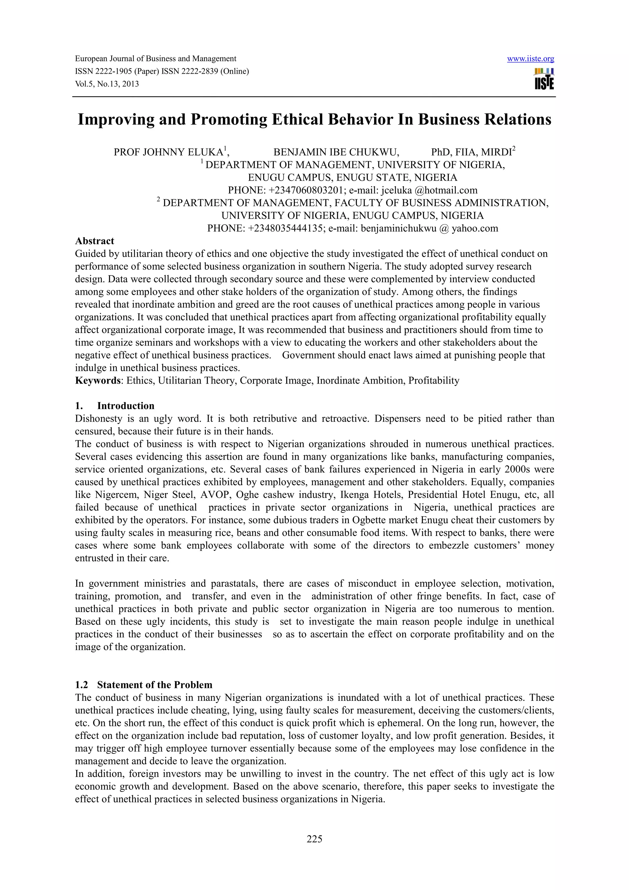 Improving and promoting ethical behavior in business relations | PDF