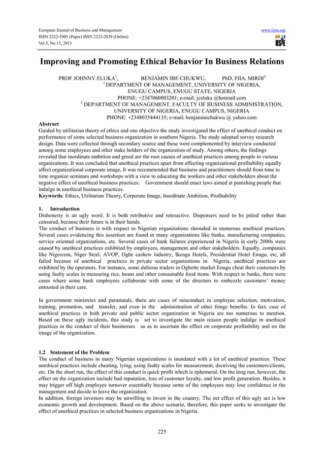 Improving and promoting ethical behavior in business relations | PDF
