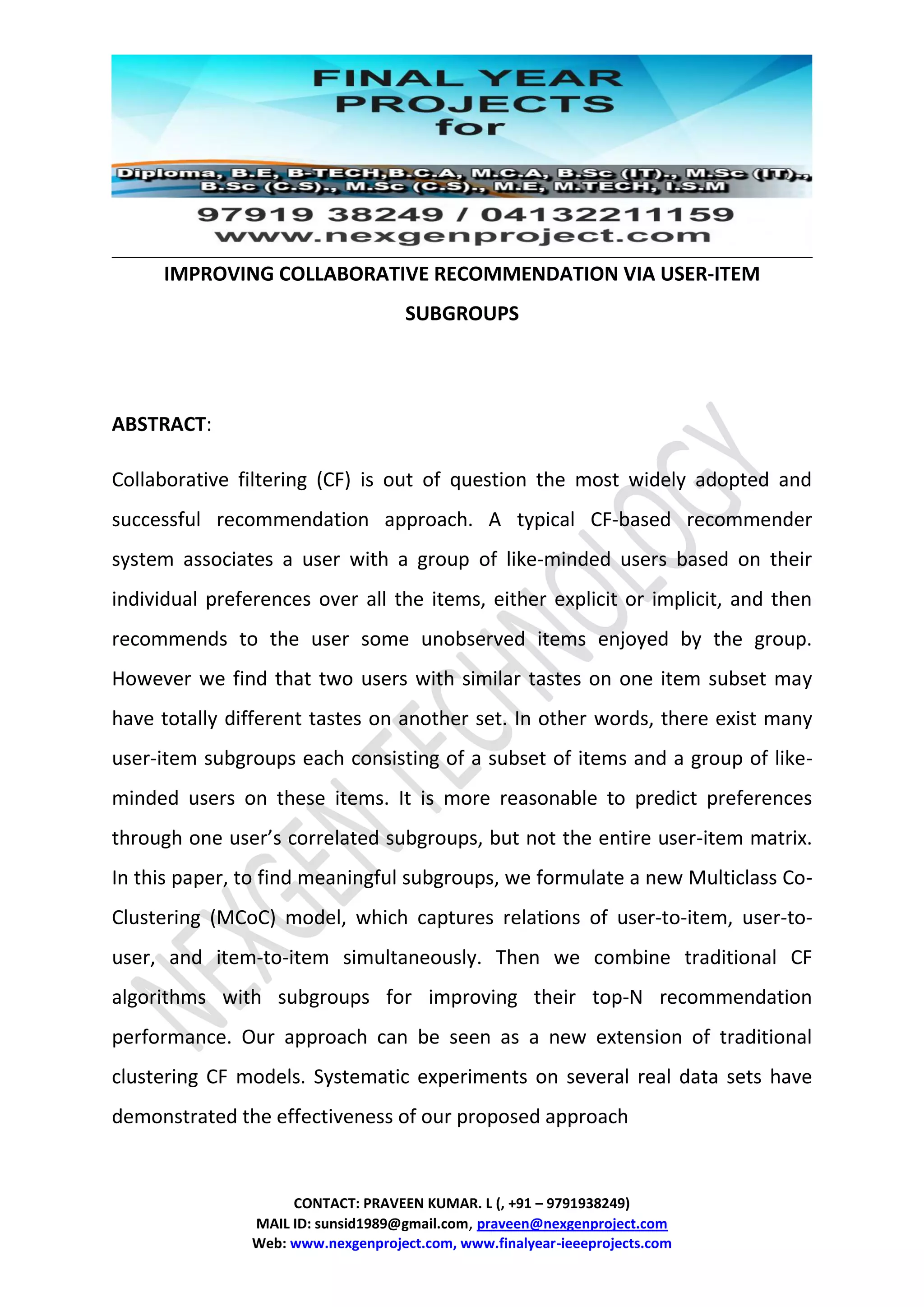 IMPROVING COLLABORATIVE RECOMMENDATION VIA USER-ITEM SUBGROUPS | PDF | Computer Software and ...