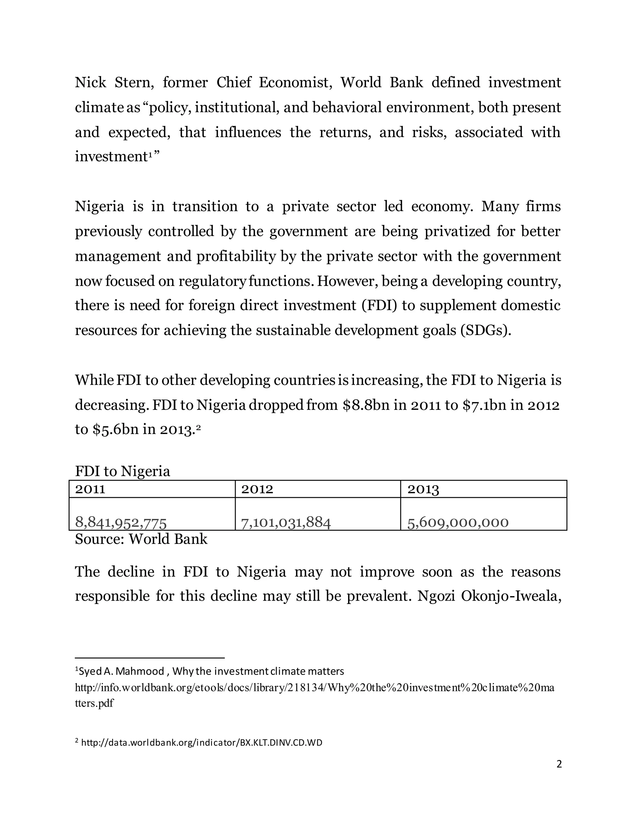 Improving Foreign Direct Investments Inflow into Nigeria | DOCX