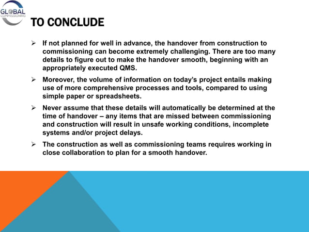 Improving Handover from Construction Phase to Commissioning Phase | PPTX