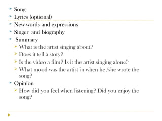 Improving listening through songs | PPT | Music | Entertainment