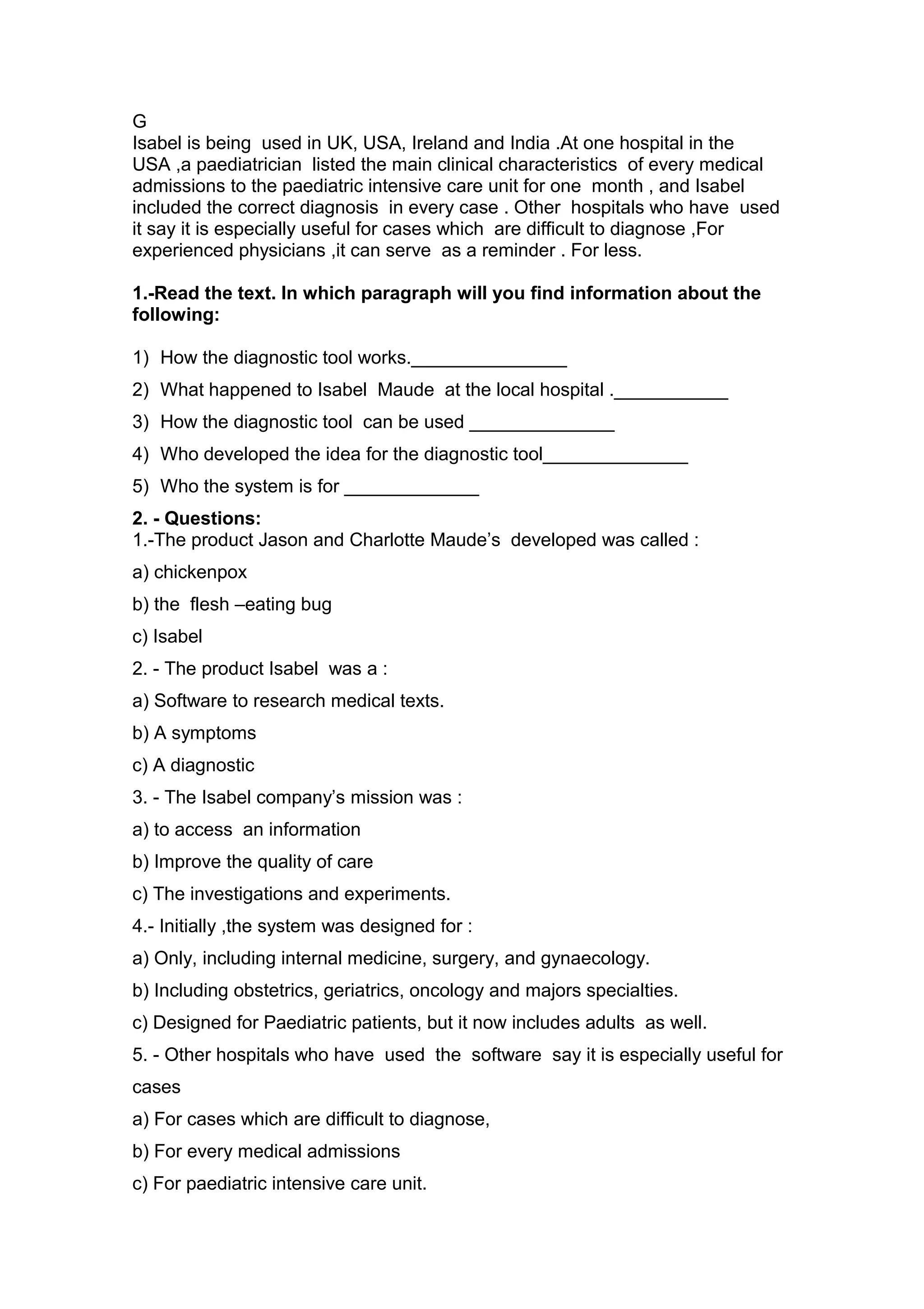 English Reading Comprehension : Improving Patient Care | DOC