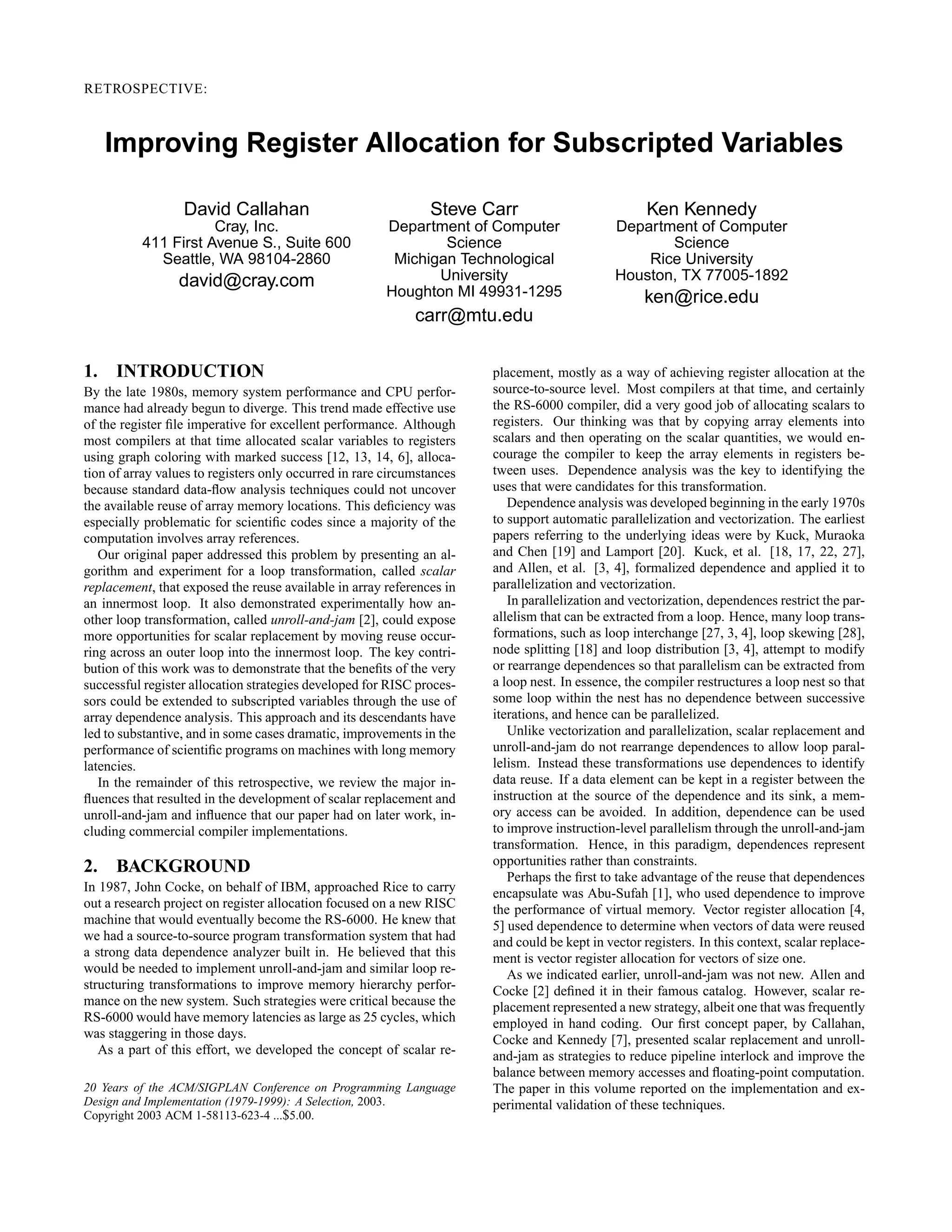 Improving Register Allocation For Subscripted Variables Pdf