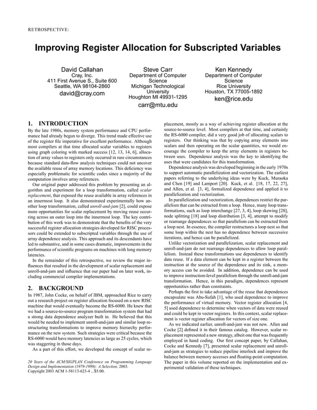 Improving Register Allocation For Subscripted Variables Pdf 0910
