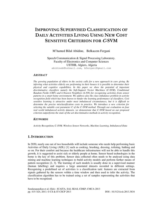 IMPROVING SUPERVISED CLASSIFICATION OF DAILY ACTIVITIES LIVING USING NEW COST SENSITIVE ...
