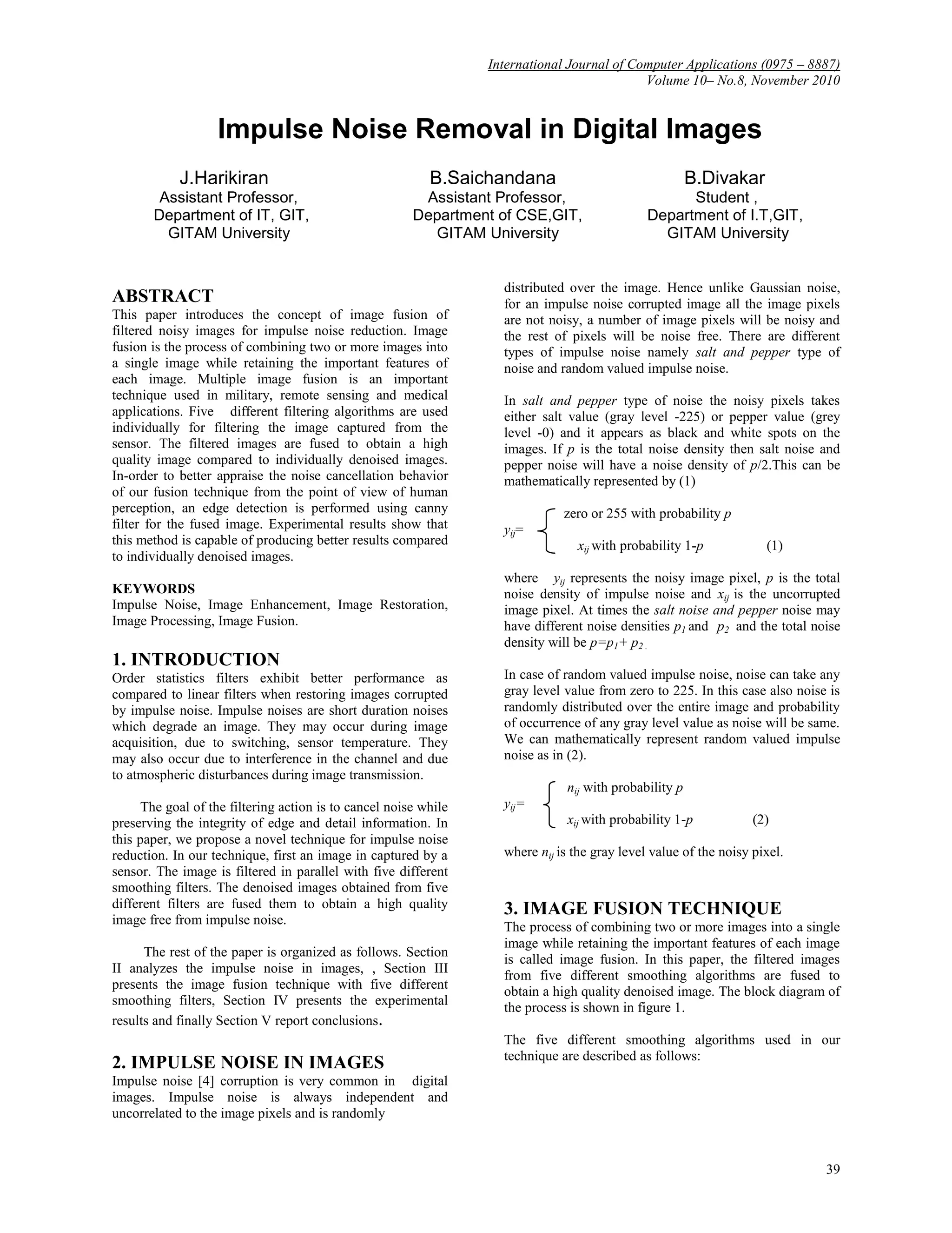 Impulse noise removal in digital images | PDF