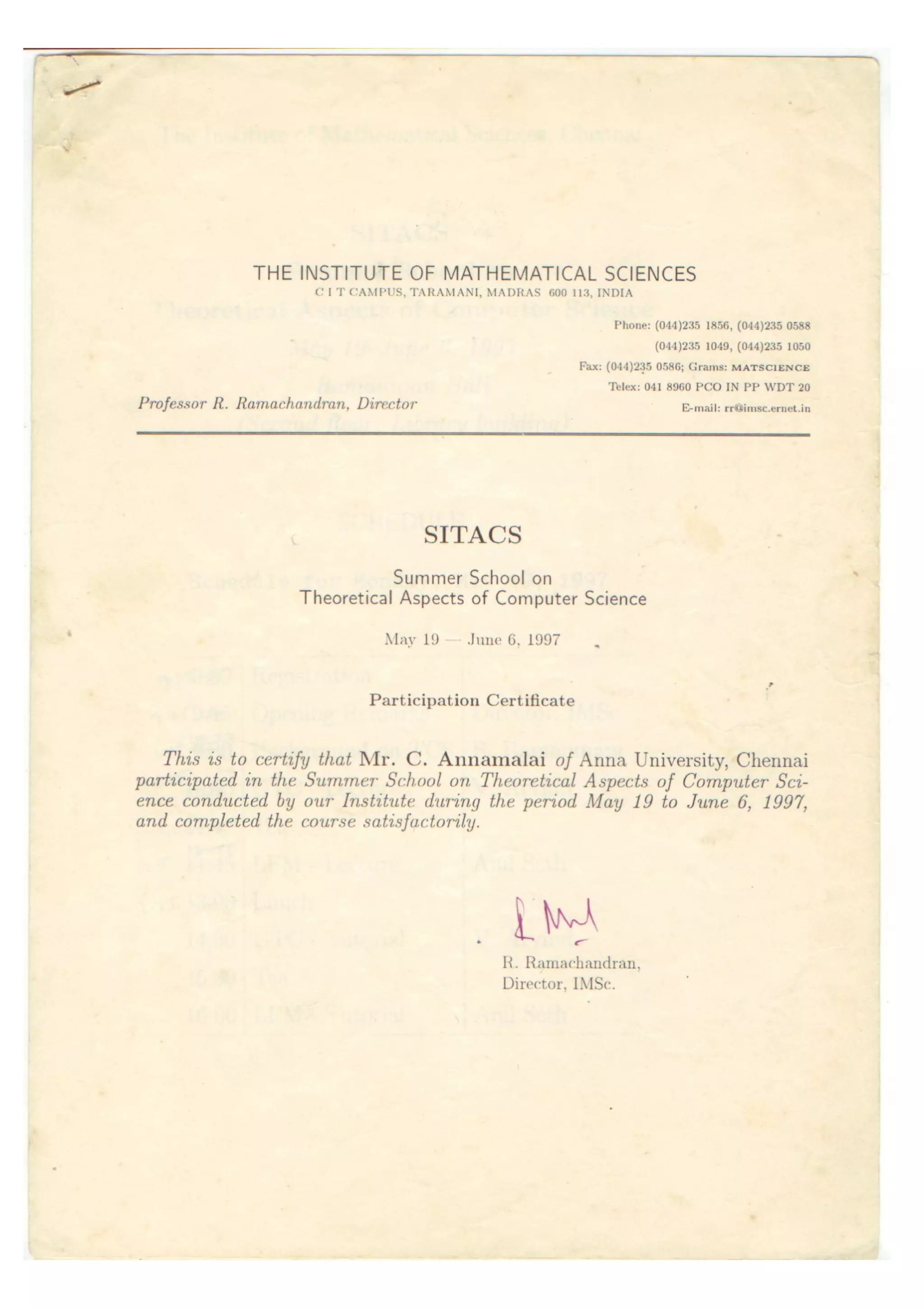Certificate on Computer Science, The Institute of Mathematical Sciences ...