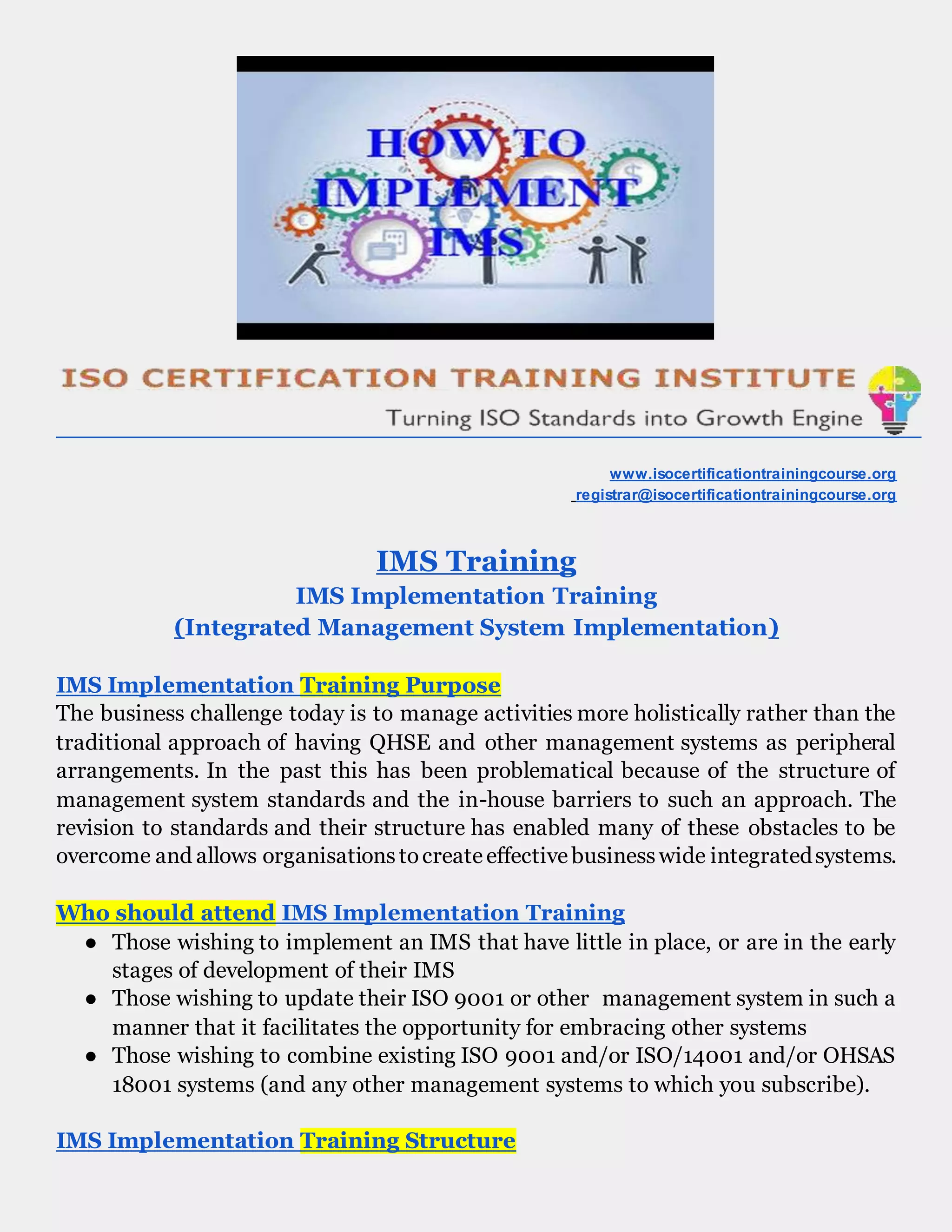 IMS Training | Integrated Management System Implementation | DOCX ...
