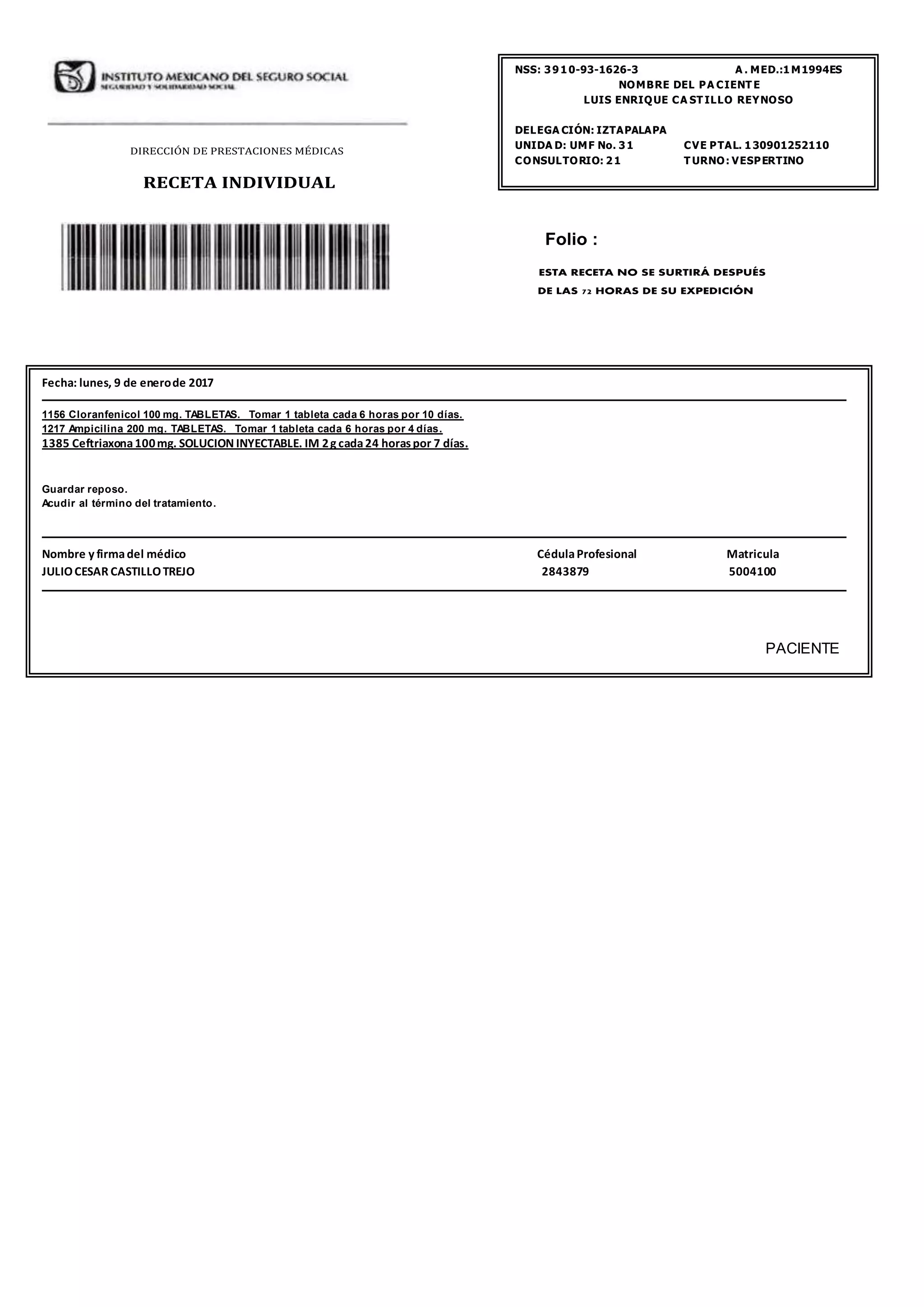 Receta Del Imss Editable Docx