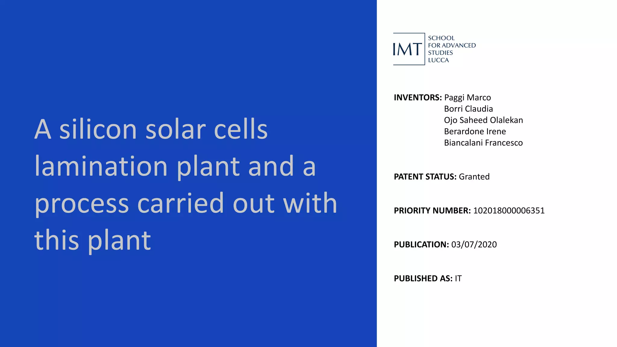 A silicon solar cells lamination plant and a process carried out with ...