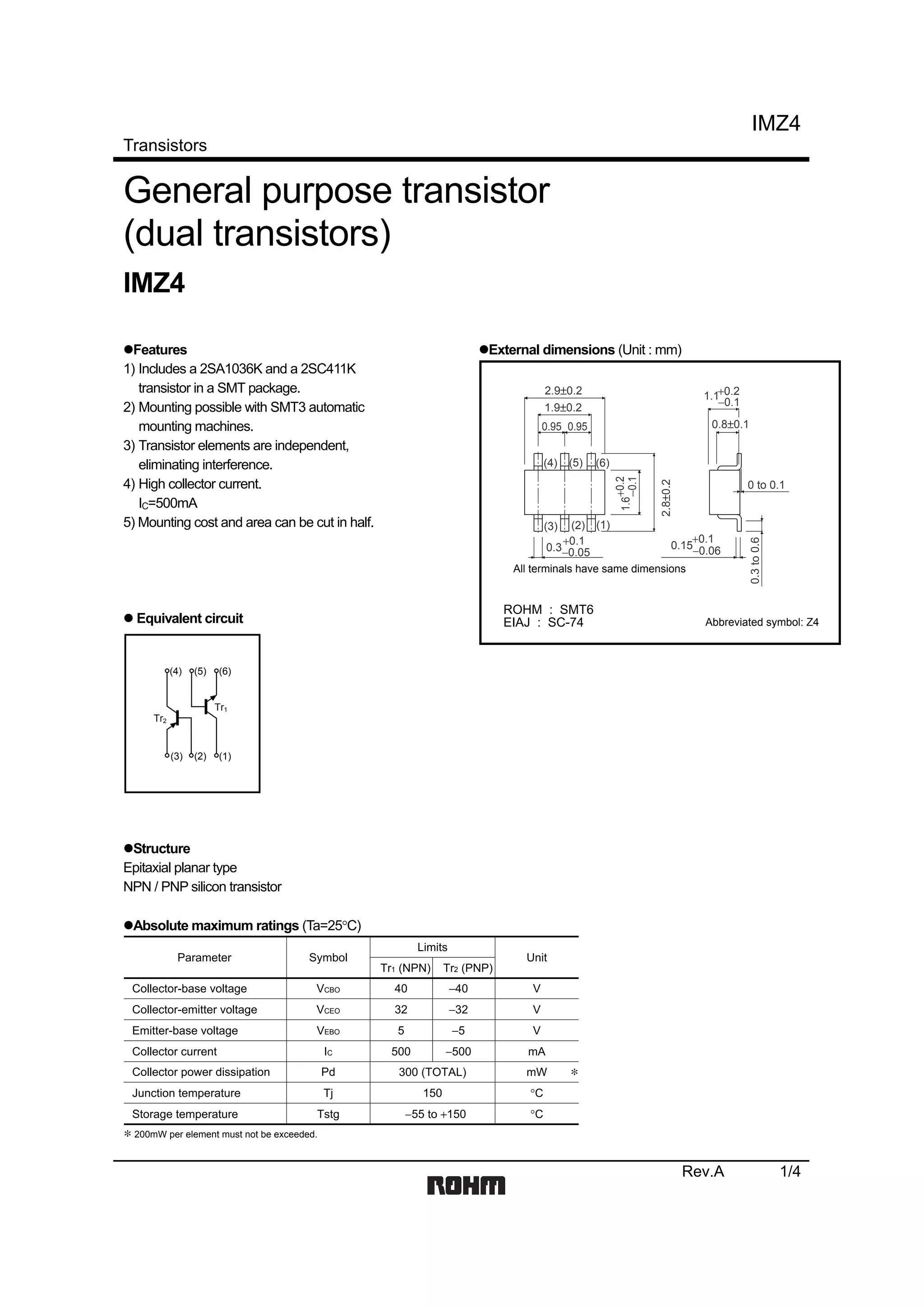 Original Dual Transistor IMZ4 T108 Z4 SMD Code SMT-6 New | PDF