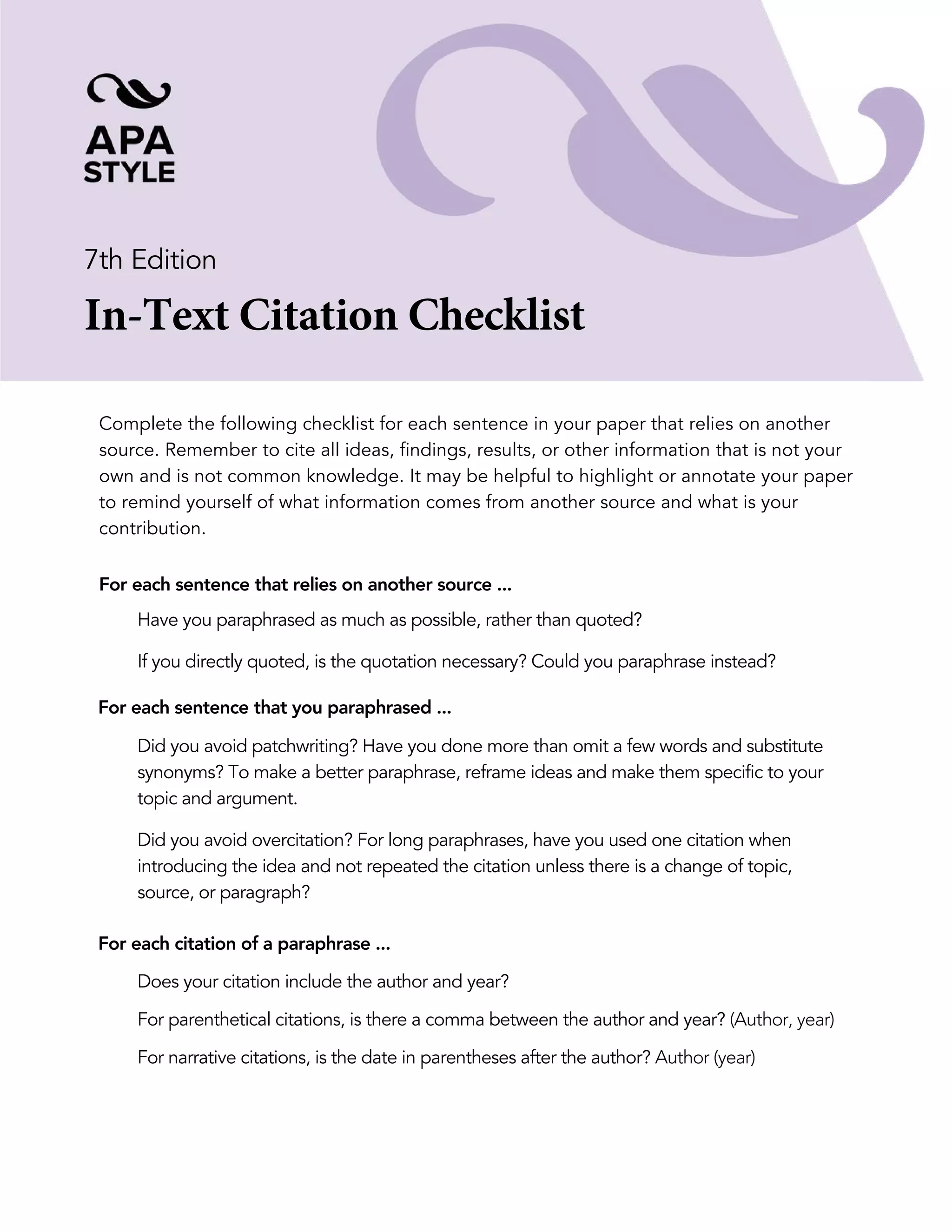 In-text citation checklist 7th ed. | PDF