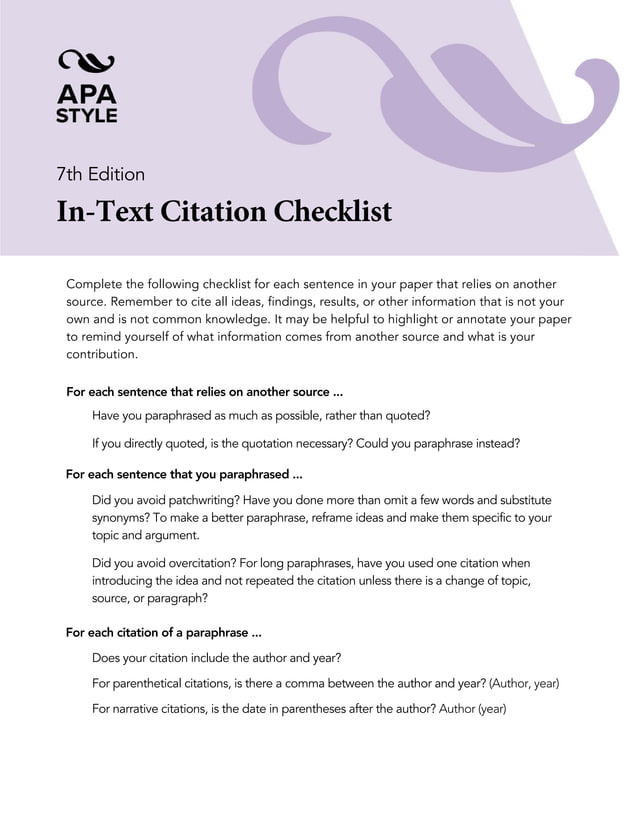 In-text citation checklist 7th ed. | PDF