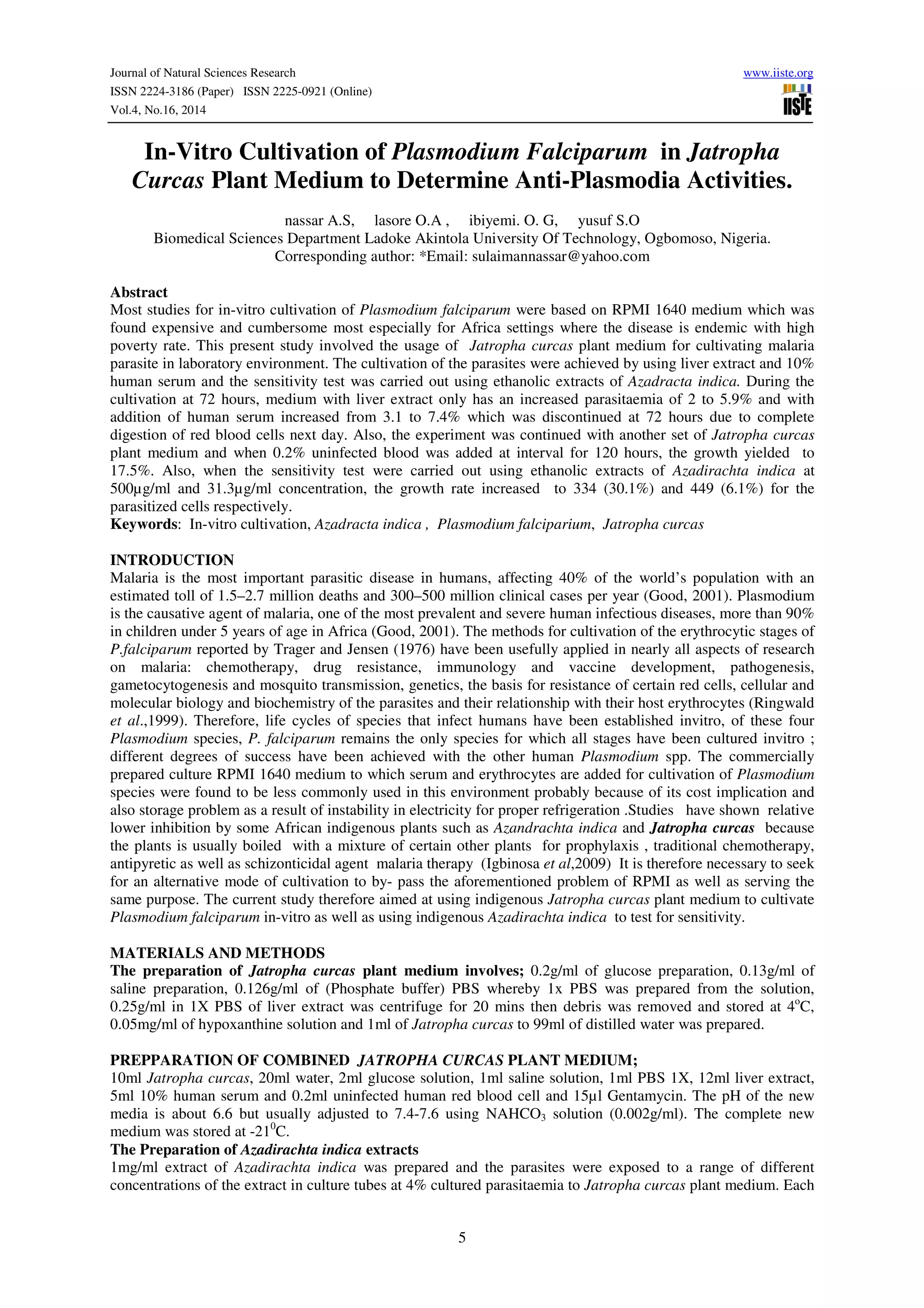 In vitro cultivation of plasmodium falciparum in jatropha | PDF