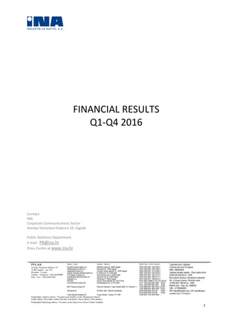 INA (Industrija Nafte) dd Financial Results - Q1 Q2 Q3 Q4 2016 | PDF