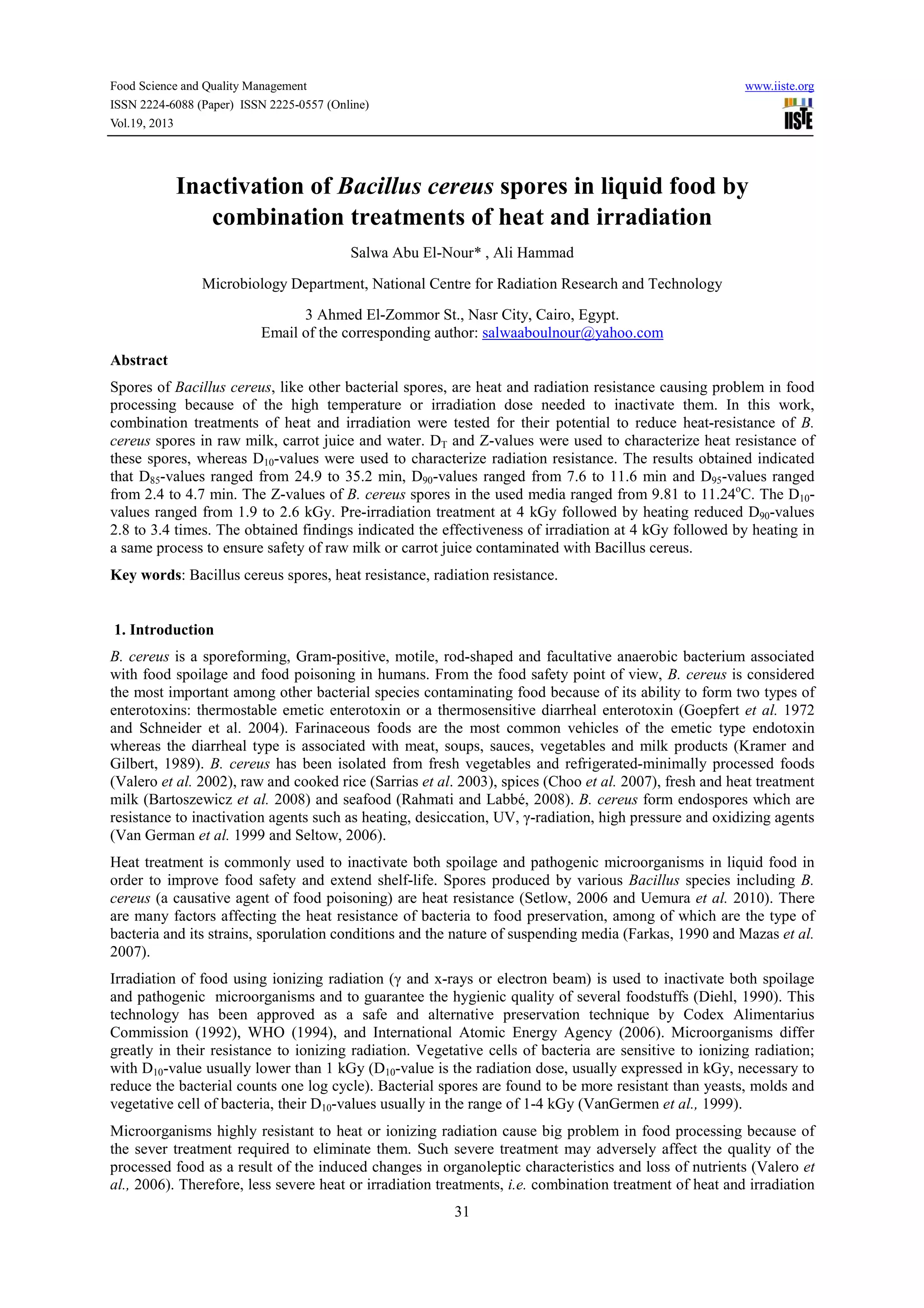Inactivation of bacillus cereus spores in liquid food by combination ...