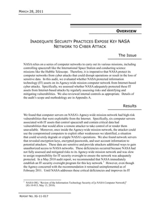Inadequate Security Practices Expose Key NASA Network to Cyber Attack | PDF