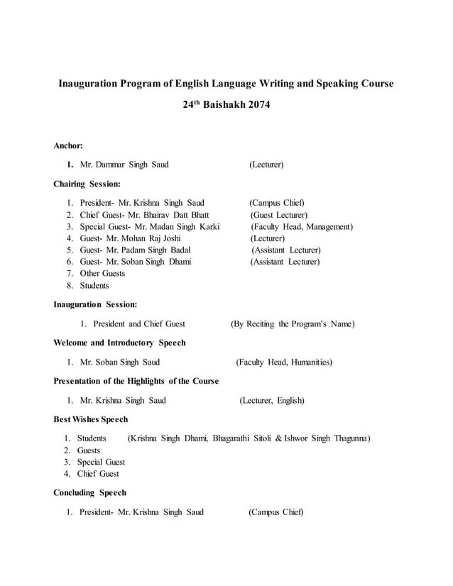 Inauguration program of elt course | DOCX