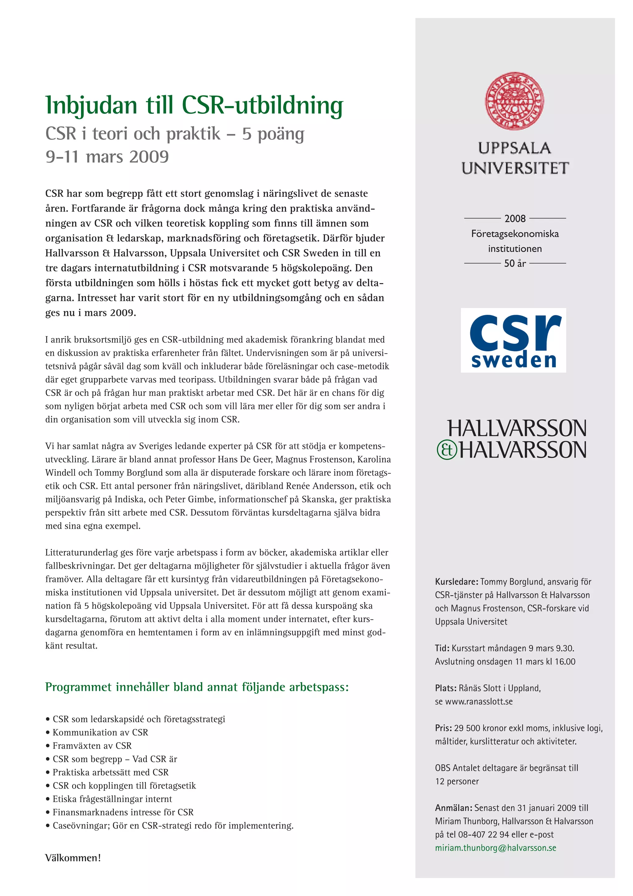 Inbjudan CSR Utbildning 9-11 Mars 2009 | PDF
