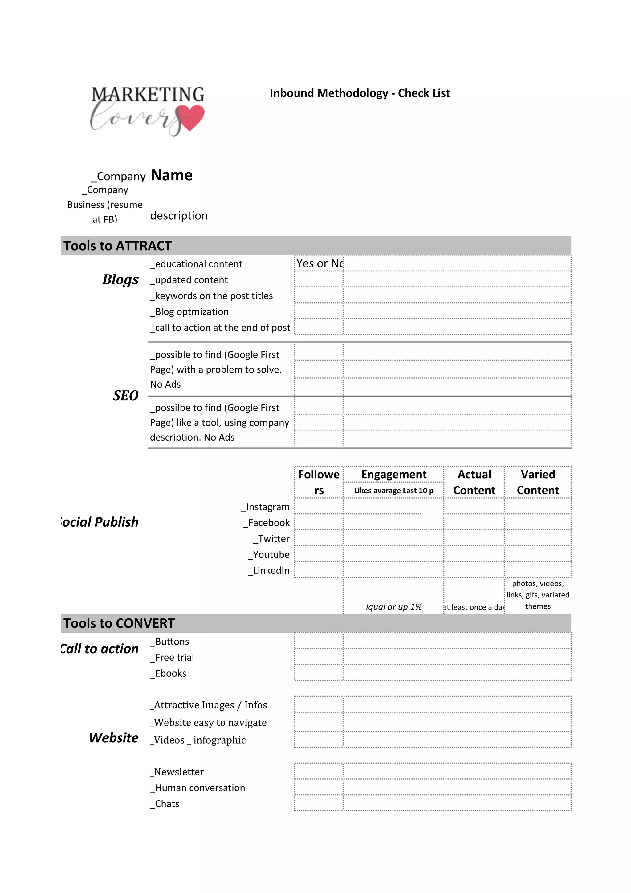 Inbound marketing checklist blank | PDF