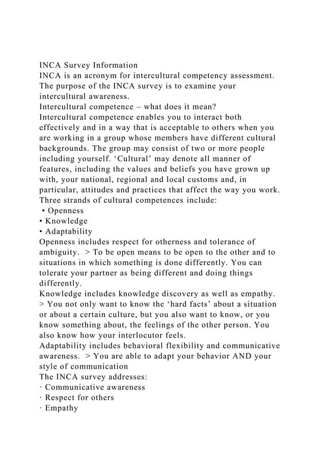 INCA Survey InformationINCA is an acronym for intercultural comp.docx ...