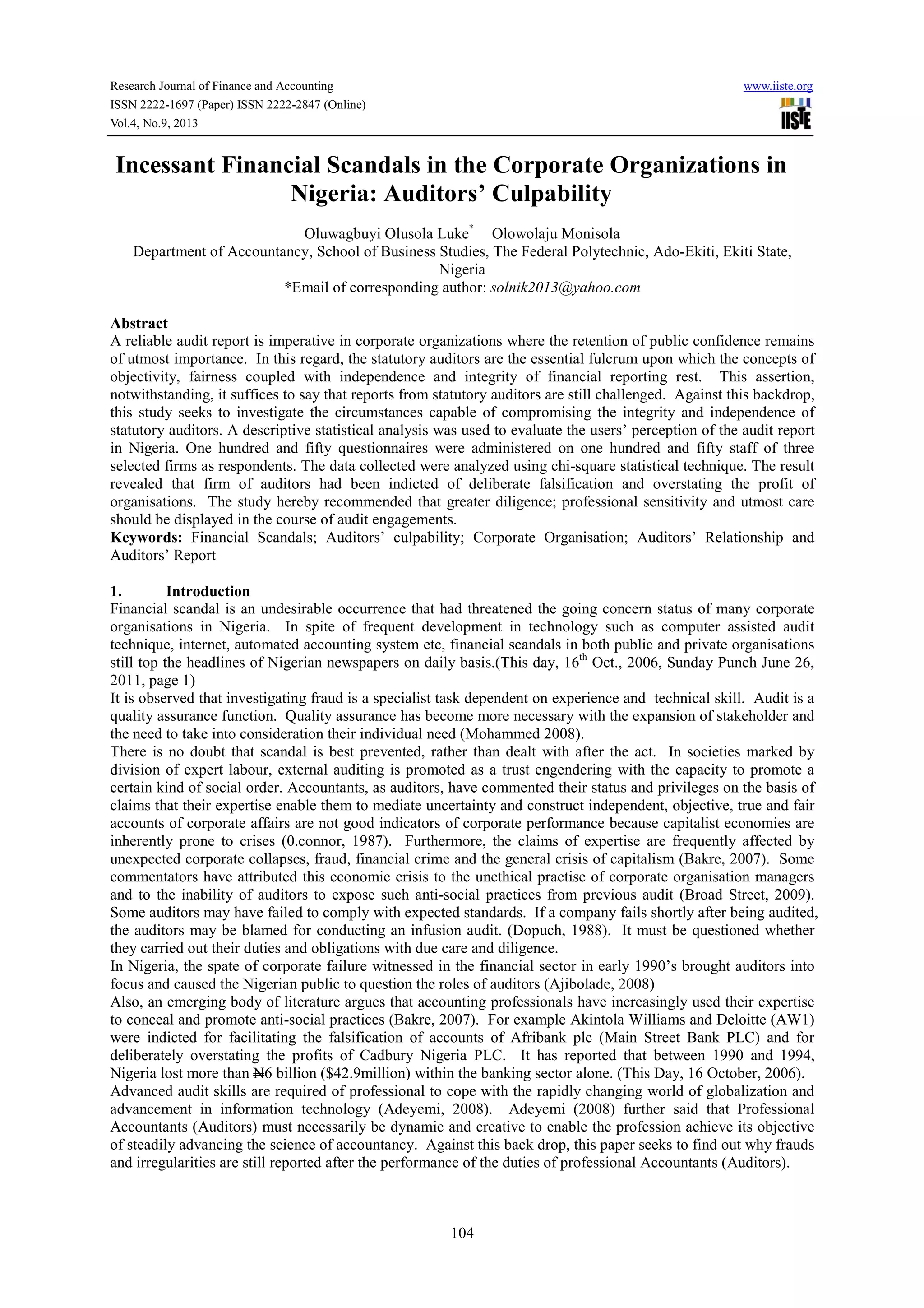 Incessant financial scandals in the corporate organizations in nigeria ...