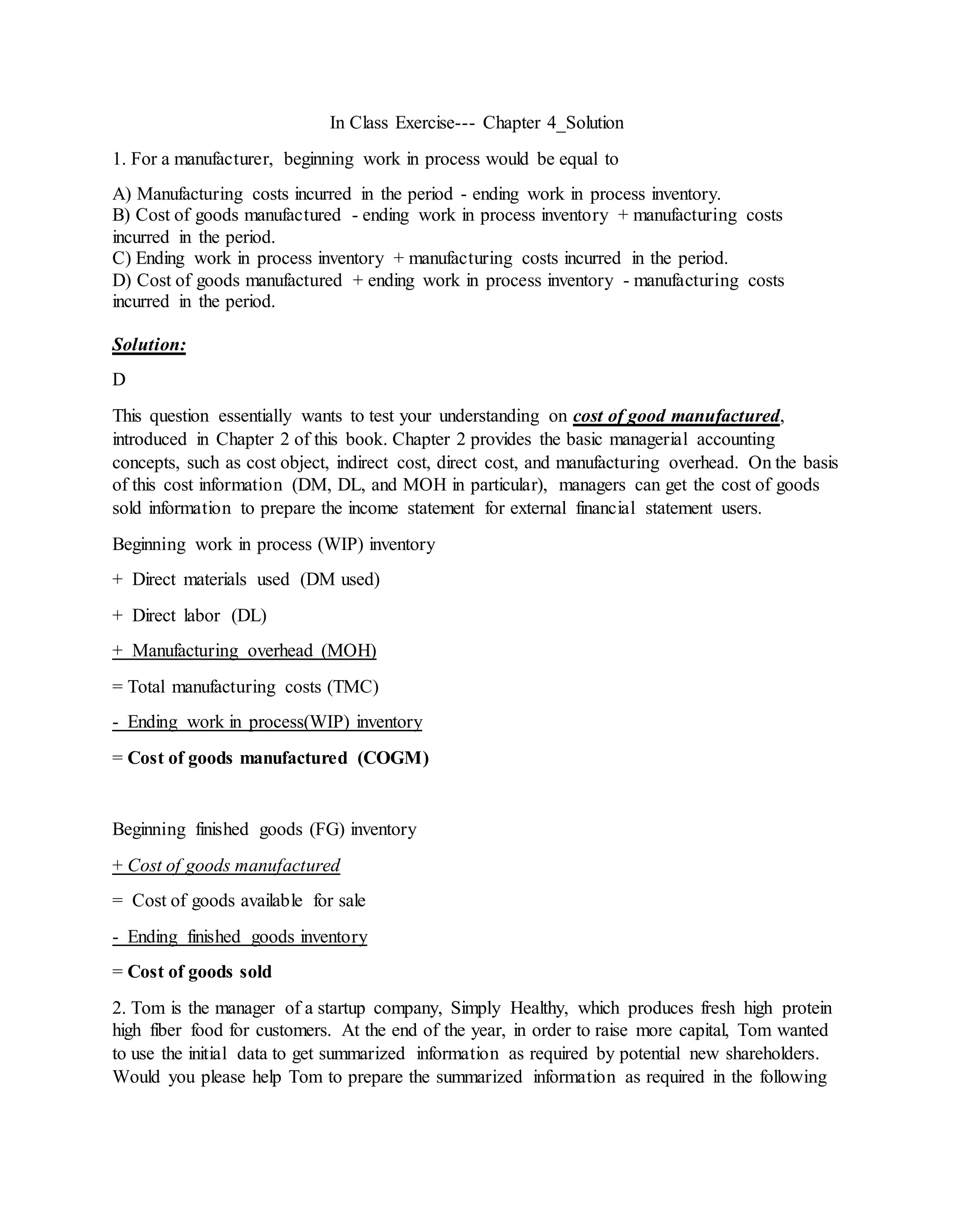 Managerial Accounting in class exercise chapter 4 solution | DOCX