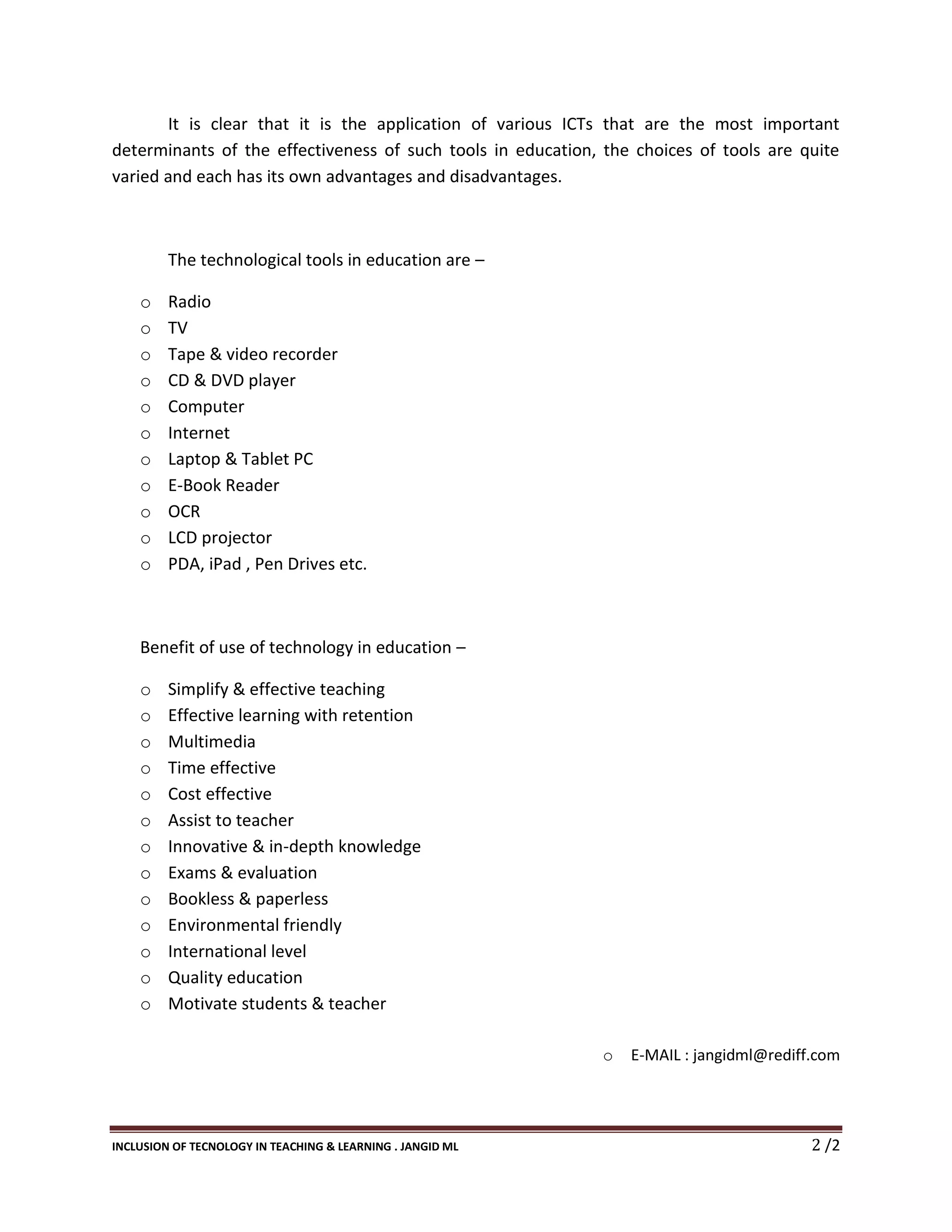 Inclusion of technology in teaching & learning .jangid ml | PDF