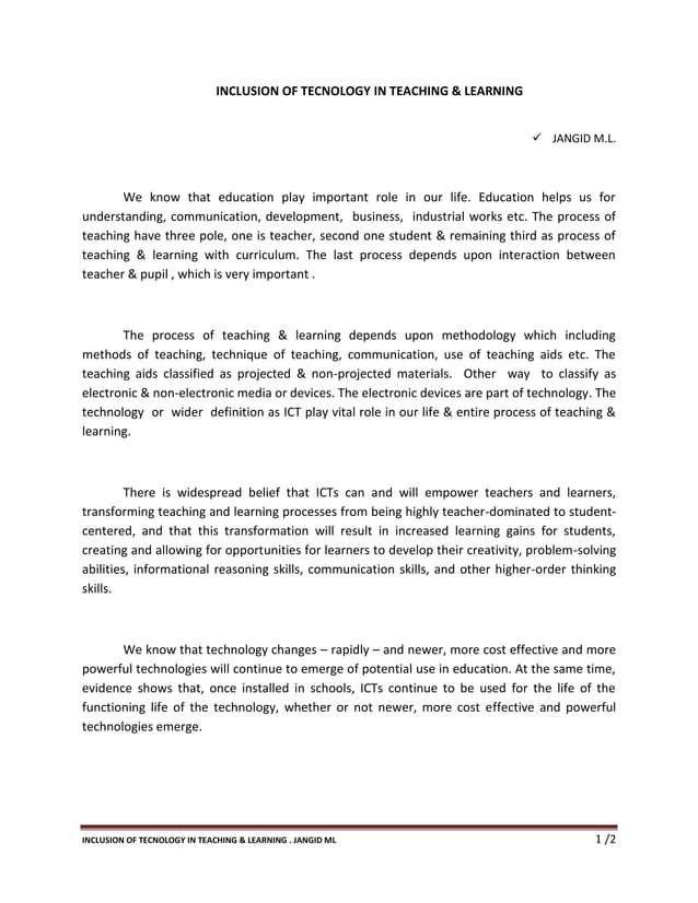 Inclusion of technology in teaching & learning .jangid ml | PDF