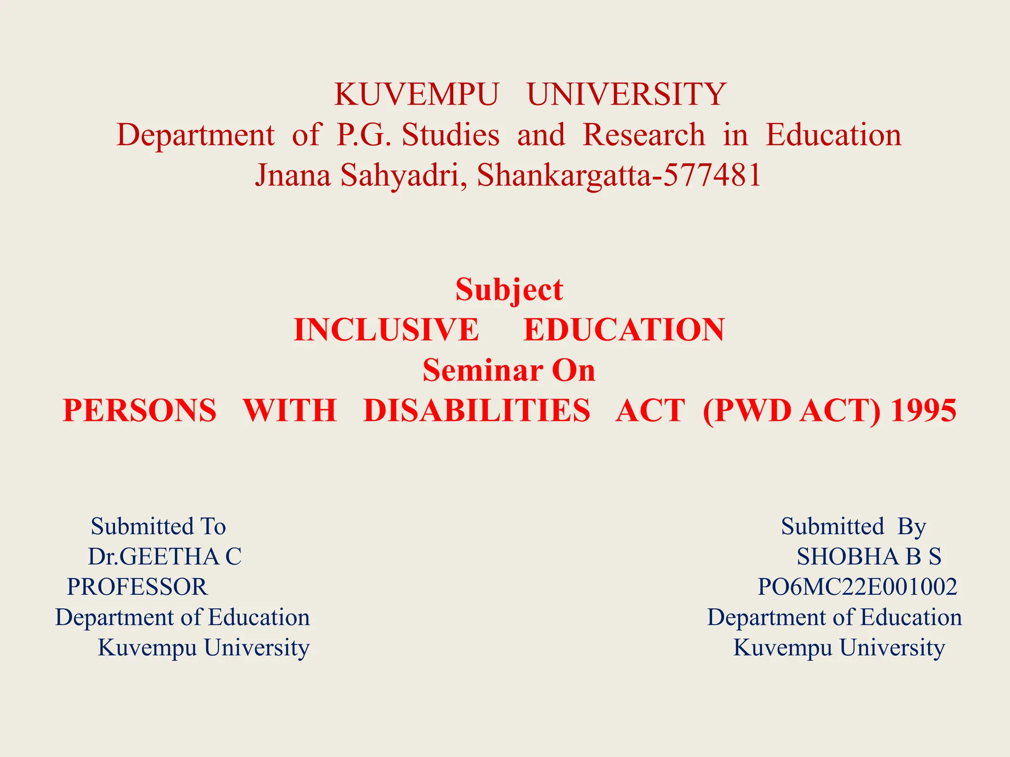 Person with disabilities act (PWD) 1995 | PPTX