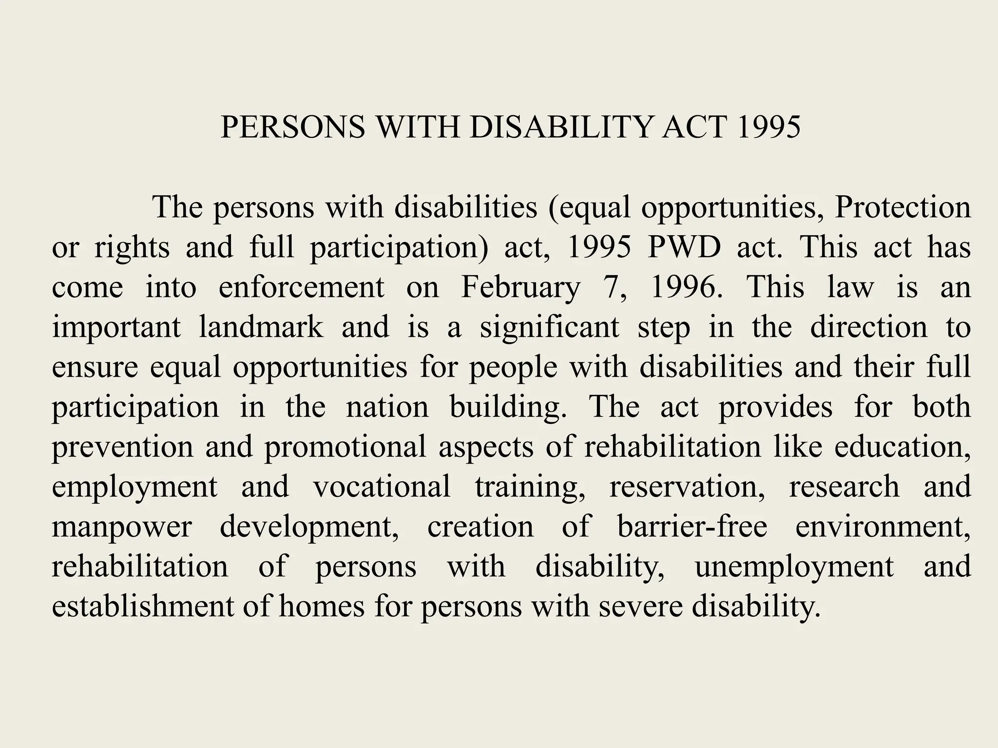 Person with disabilities act (PWD) 1995 | PPTX