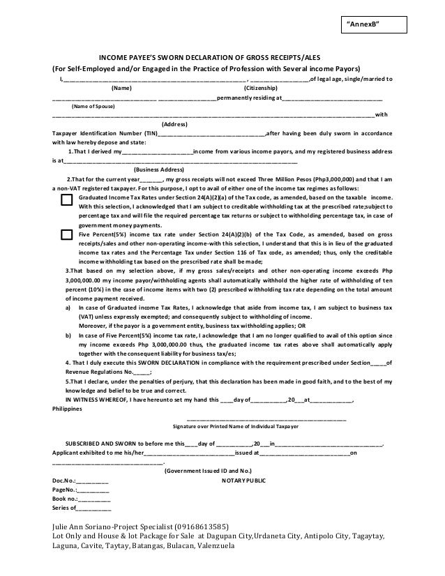 Income payees sworn declaration of gross receipts sales