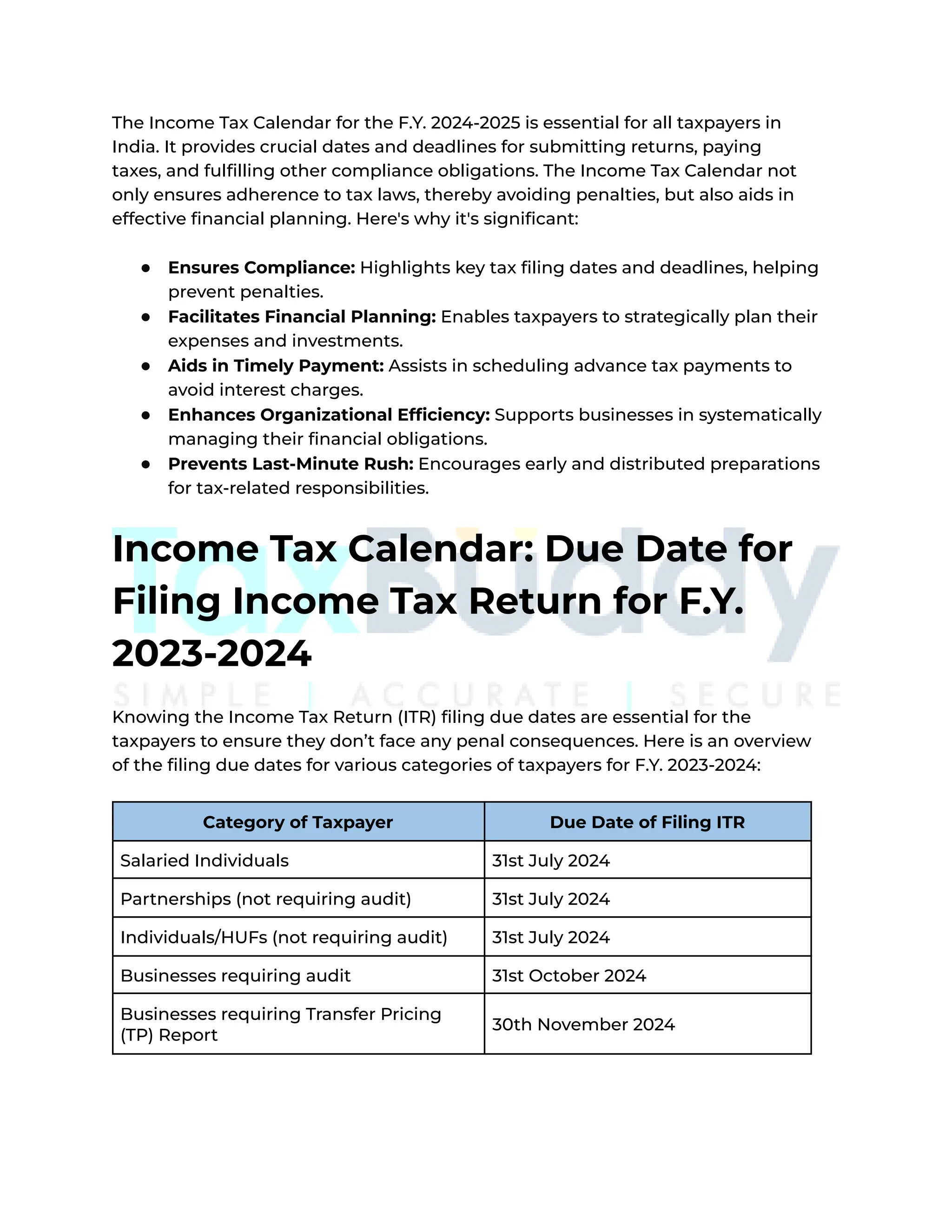 Income Tax Calendar: Important Dates for F.Y. 2024-2025 | PDF
