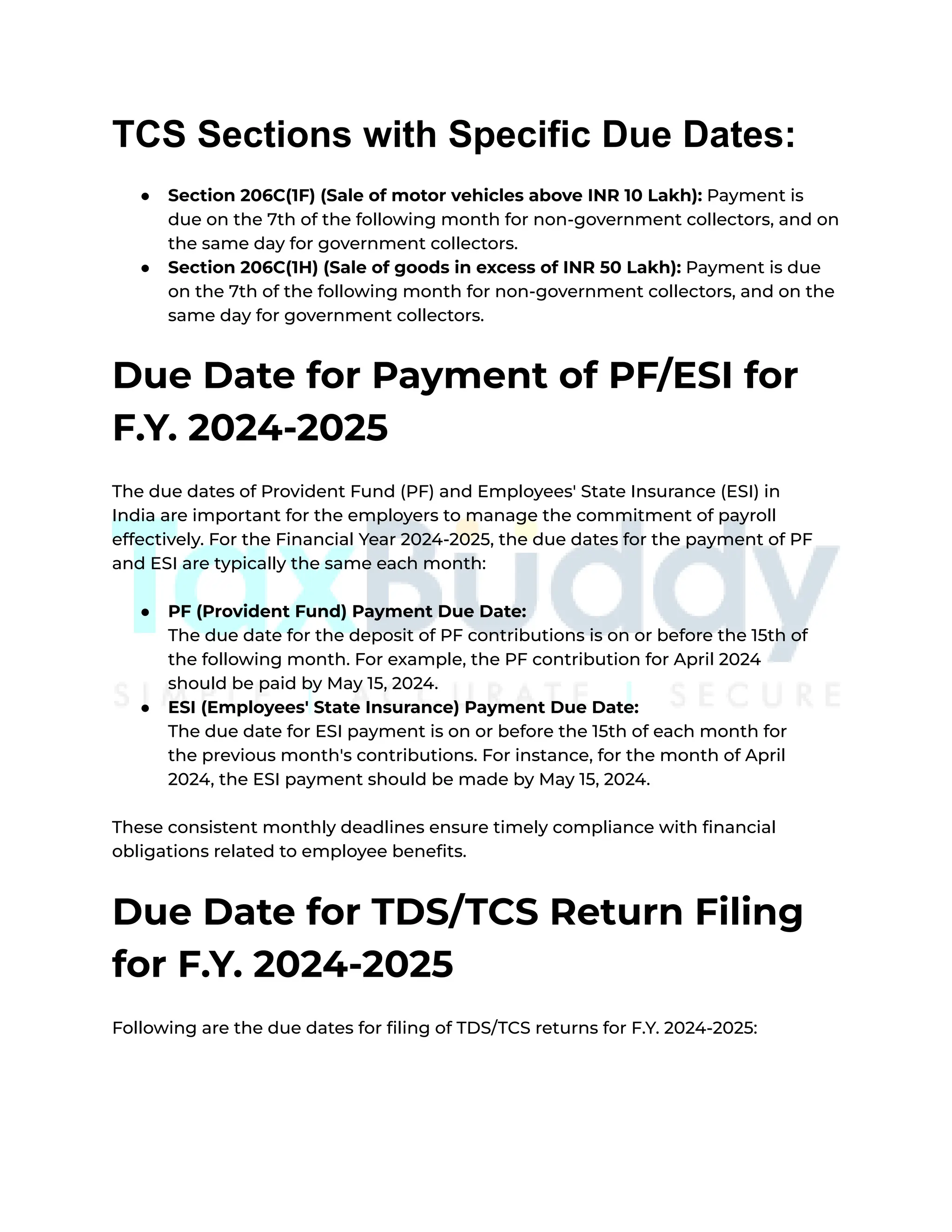 Income Tax Calendar: Important Dates for F.Y. 2024-2025 | PDF