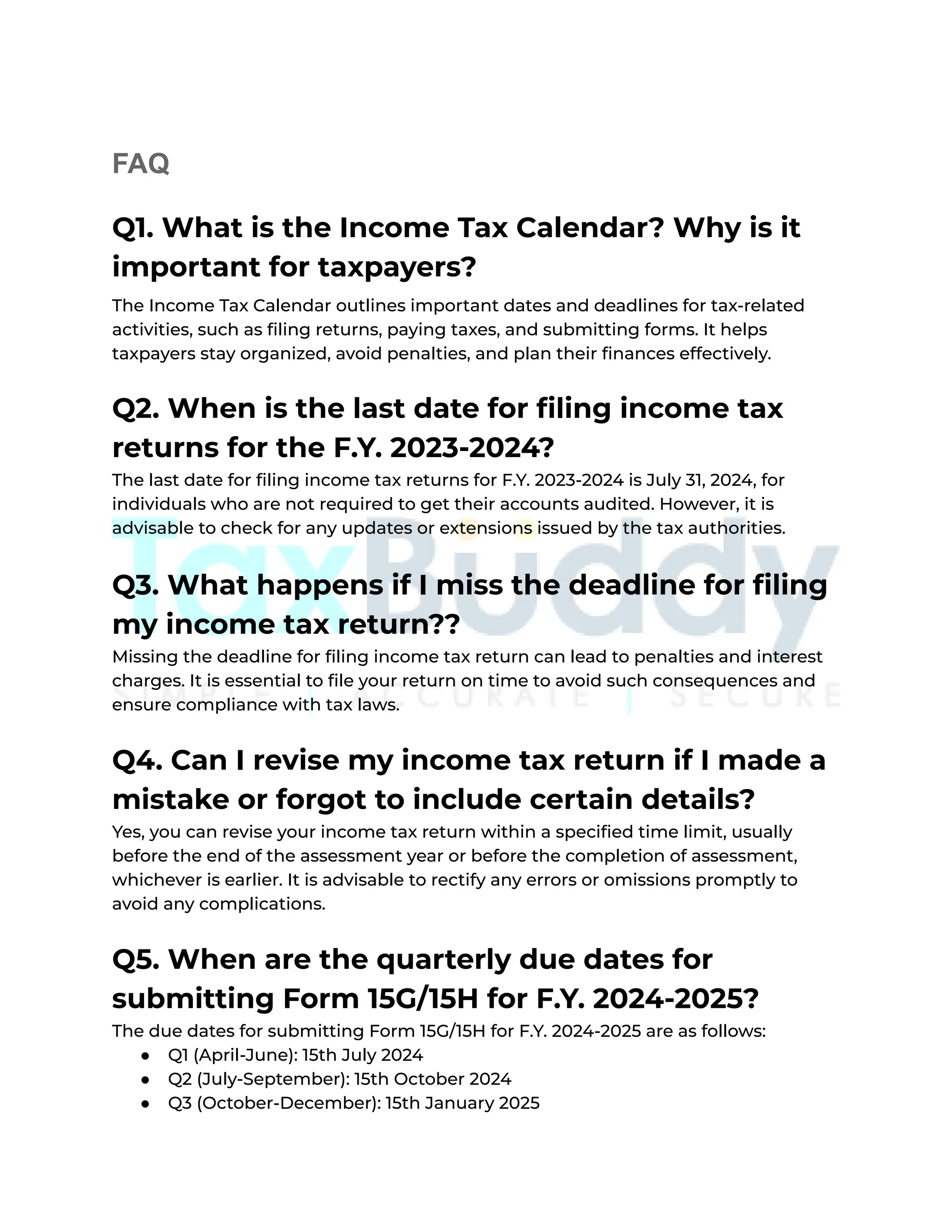 Income Tax Calendar: Important Dates for F.Y. 2024-2025 | PDF