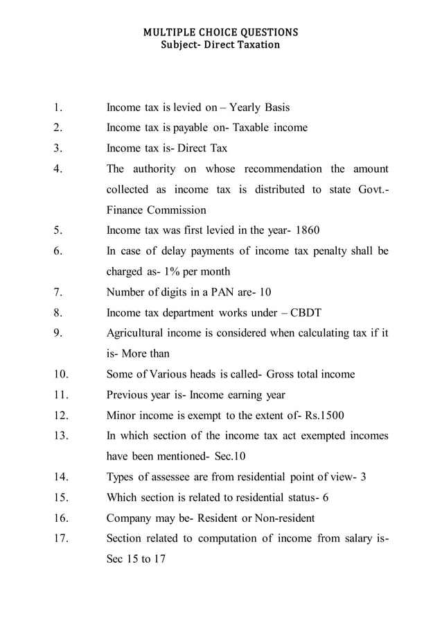 MULTIPLE CHOICE QUESTIONS ON DIRECT TAXATION | DOCX | Personal Taxes ...