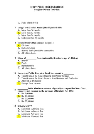 MULTIPLE CHOICE QUESTIONS ON DIRECT TAXATION | DOCX