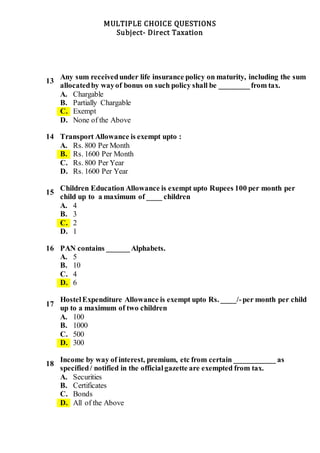 MULTIPLE CHOICE QUESTIONS ON DIRECT TAXATION | DOCX