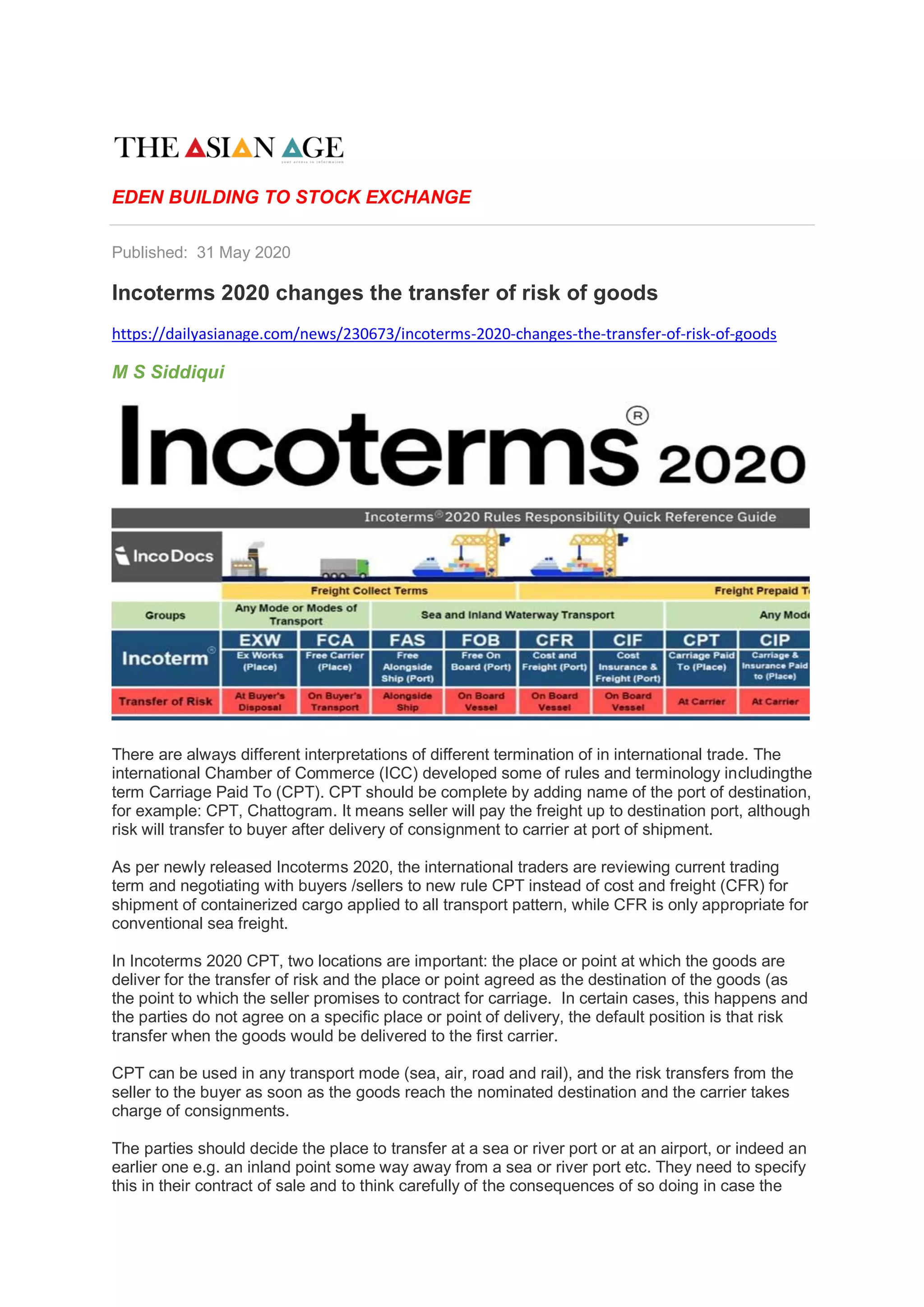Incoterms 2020 changes the transfer of risk of goods | PDF