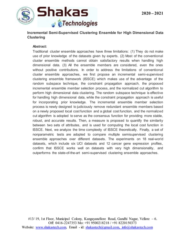 Incremental Semi Supervised Clustering Ensemble For High Dimensional Data Clustering Pdf